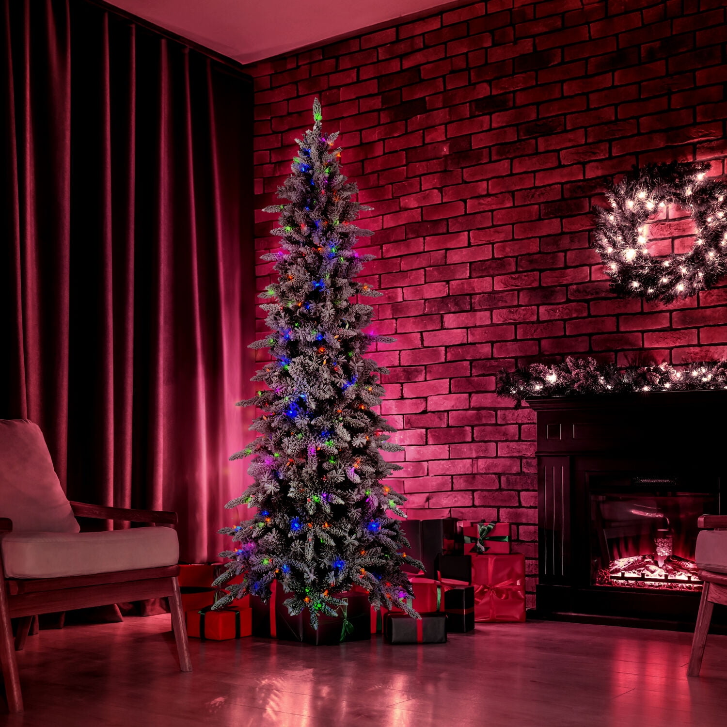 Fraser Hill Farm Prelit LED Multicolor Flocked Slim Mountain Pine 9-ft ...