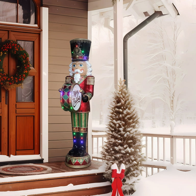 Fraser Hill Farm Indoor Outdoor Oversized Christmas Decor 6 Ft. Nutcracker Playing Bass Drum w Moving Hands Music Timer and 32 LED Lights Walmart