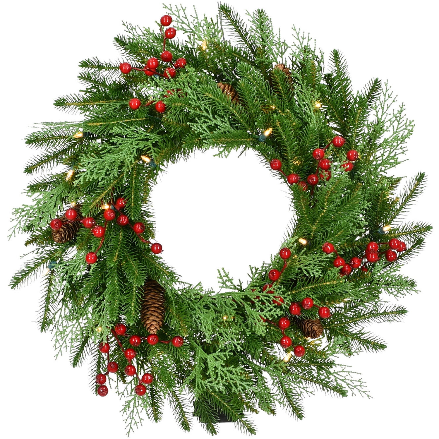 Fraser Hill Farm Mixed Pine Wreath with Pinecones and Red Berries, 24 ...