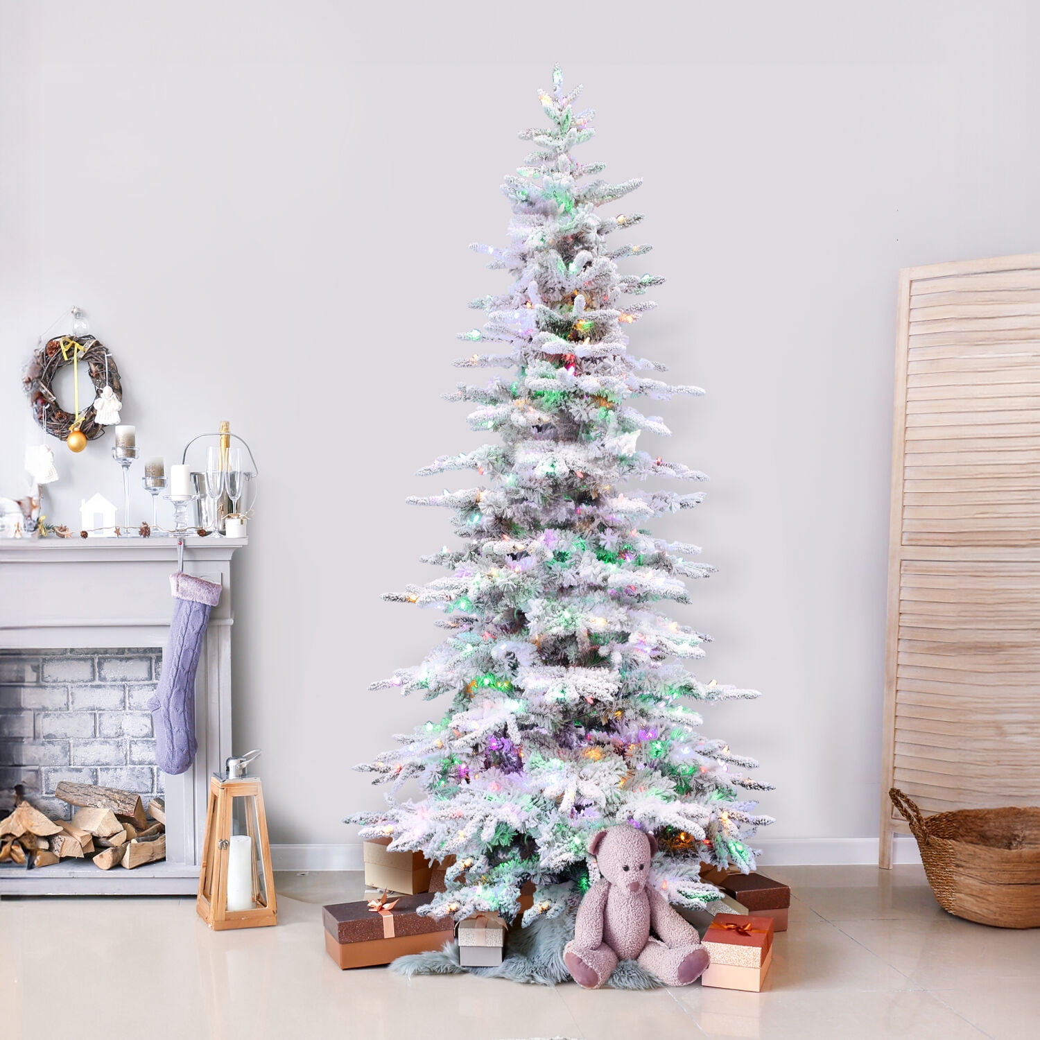 Fraser Hill Farm Prelit LED Multicolor Flocked Pine Valley 7.5-ft ...