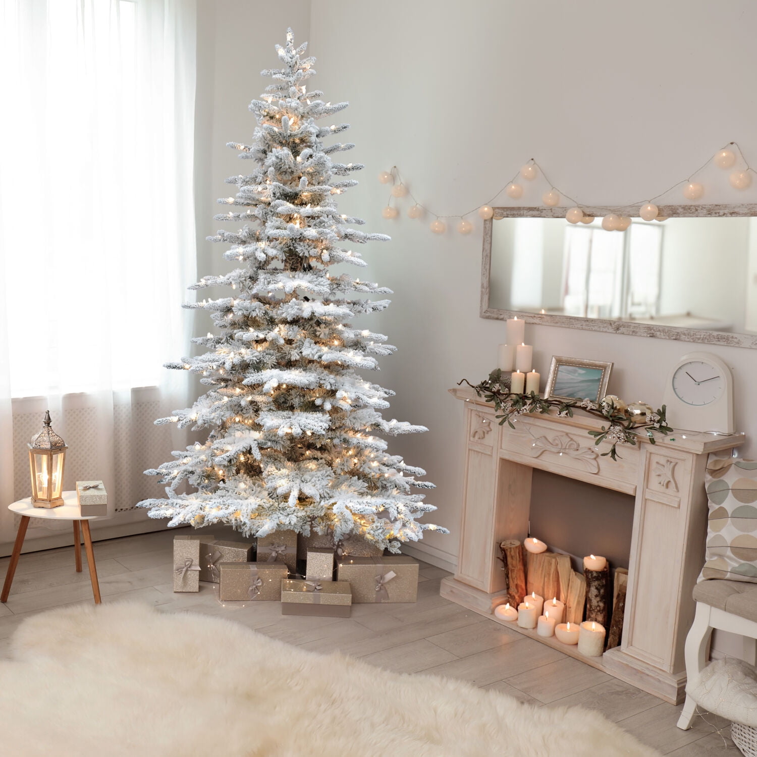 Fraser Hill Farm 7.5 ft Flocked Pine Valley Christmas Tree with Warm ...