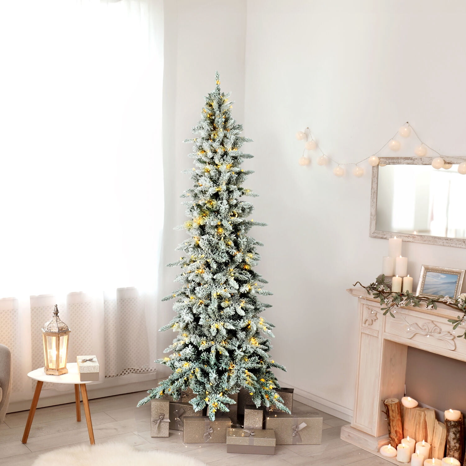 Fraser Hill Farm 7.5 Foot Tall Slim Flocked Christmas Tree with Metal ...