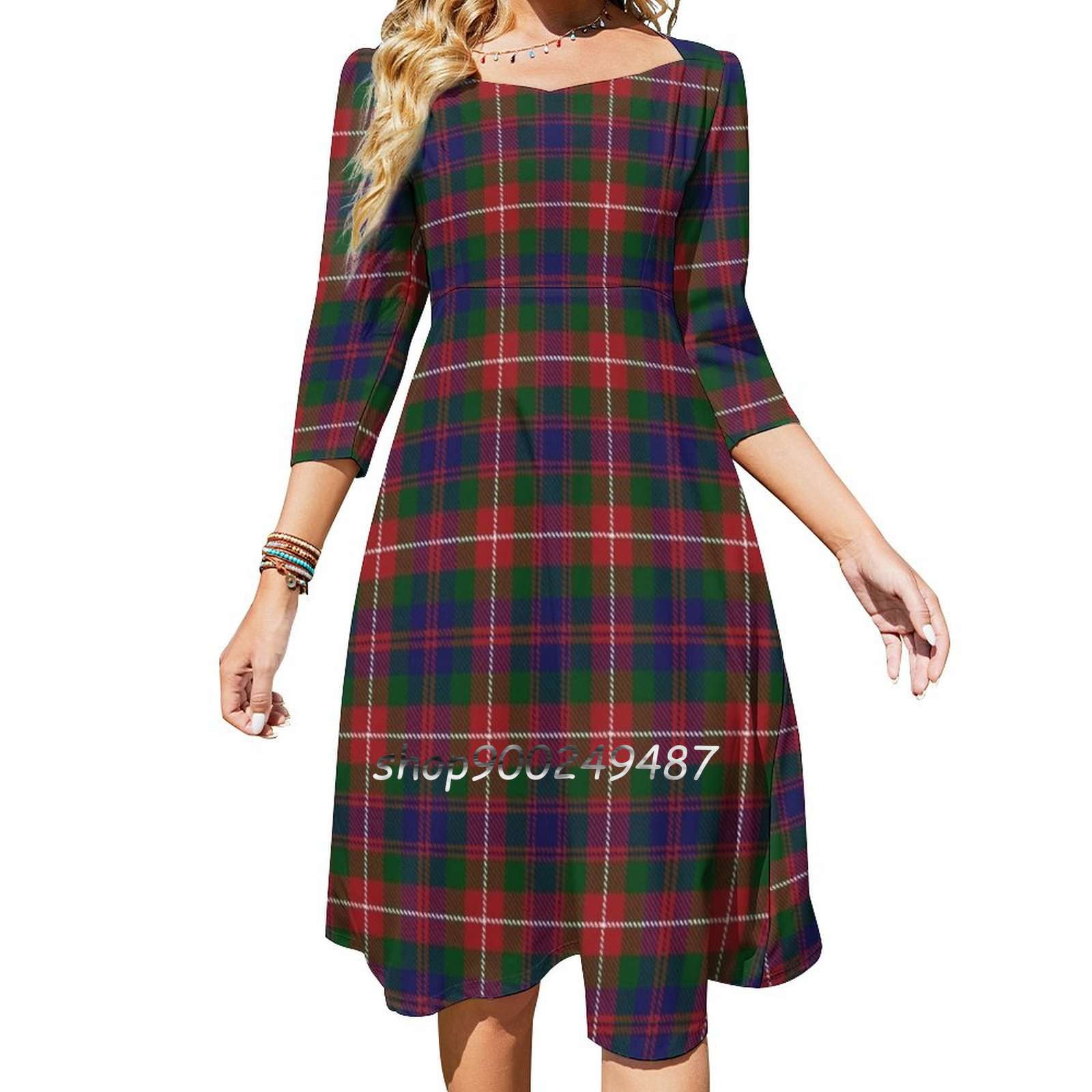 Fraser Of Lovat Clan Tartan Flare Dress Square Neck Dress Elegant ...