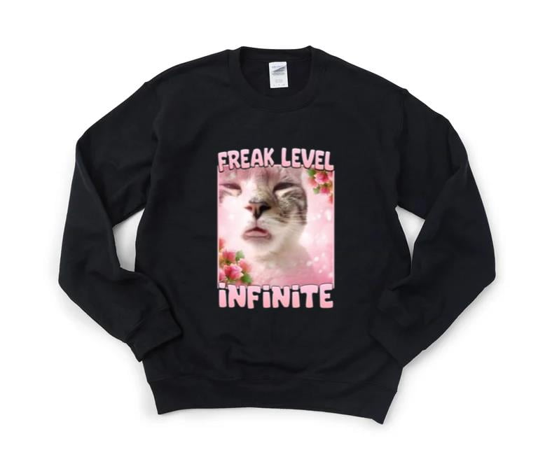Freak Level Infinite Funny Cat Meme Crazy Kitty Weird Sweatshirt, for ...