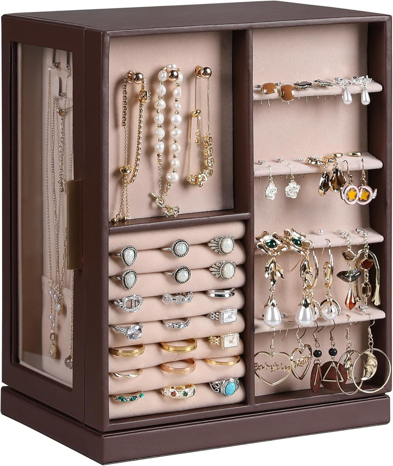 Frebeauty 360° Rotating Jewelry Box,PU Leather Jewelry Organizer with 6 ...