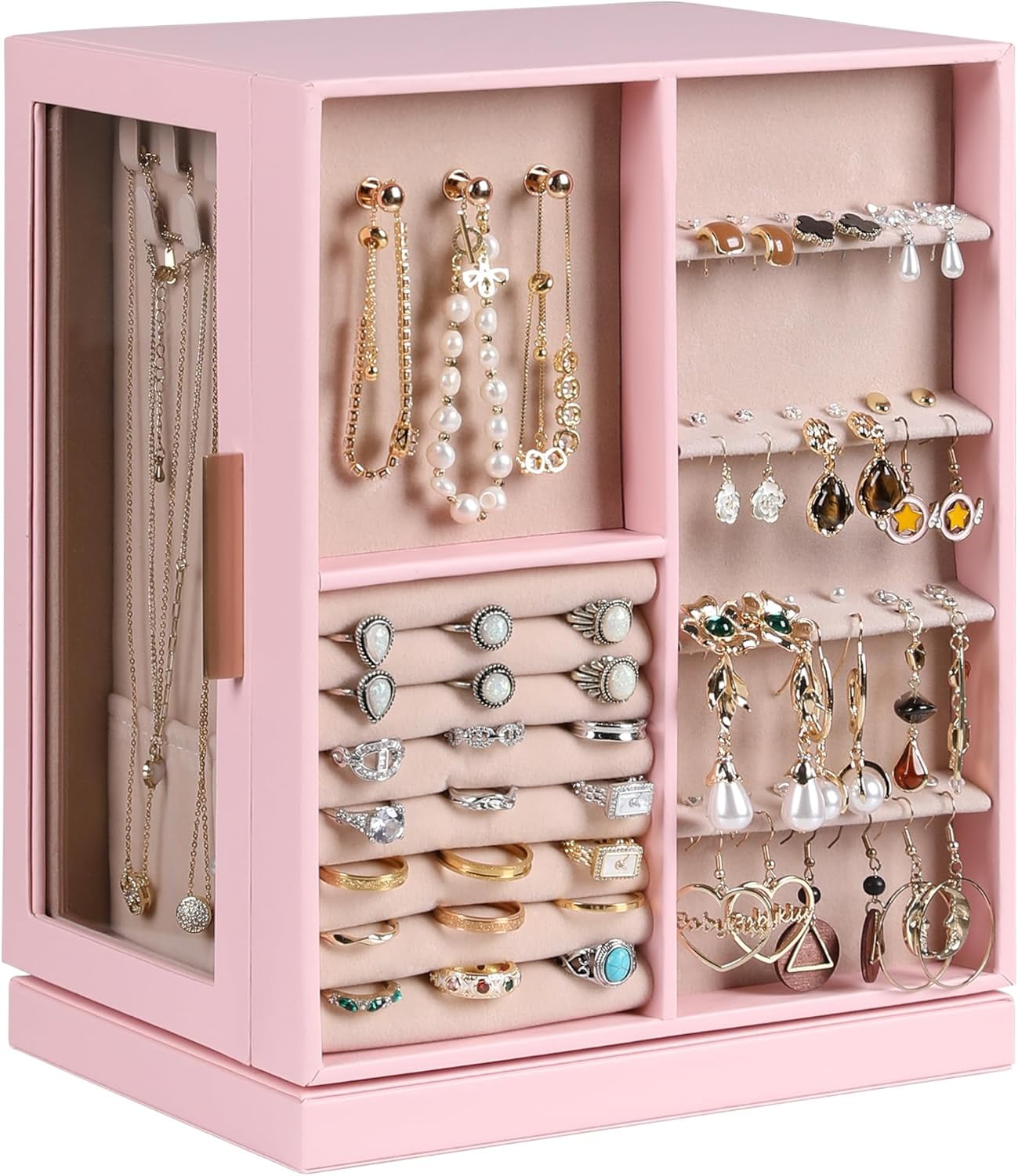 Frebeauty 360° Rotating Jewelry Box,PU Leather Jewelry Organizer with 6 ...