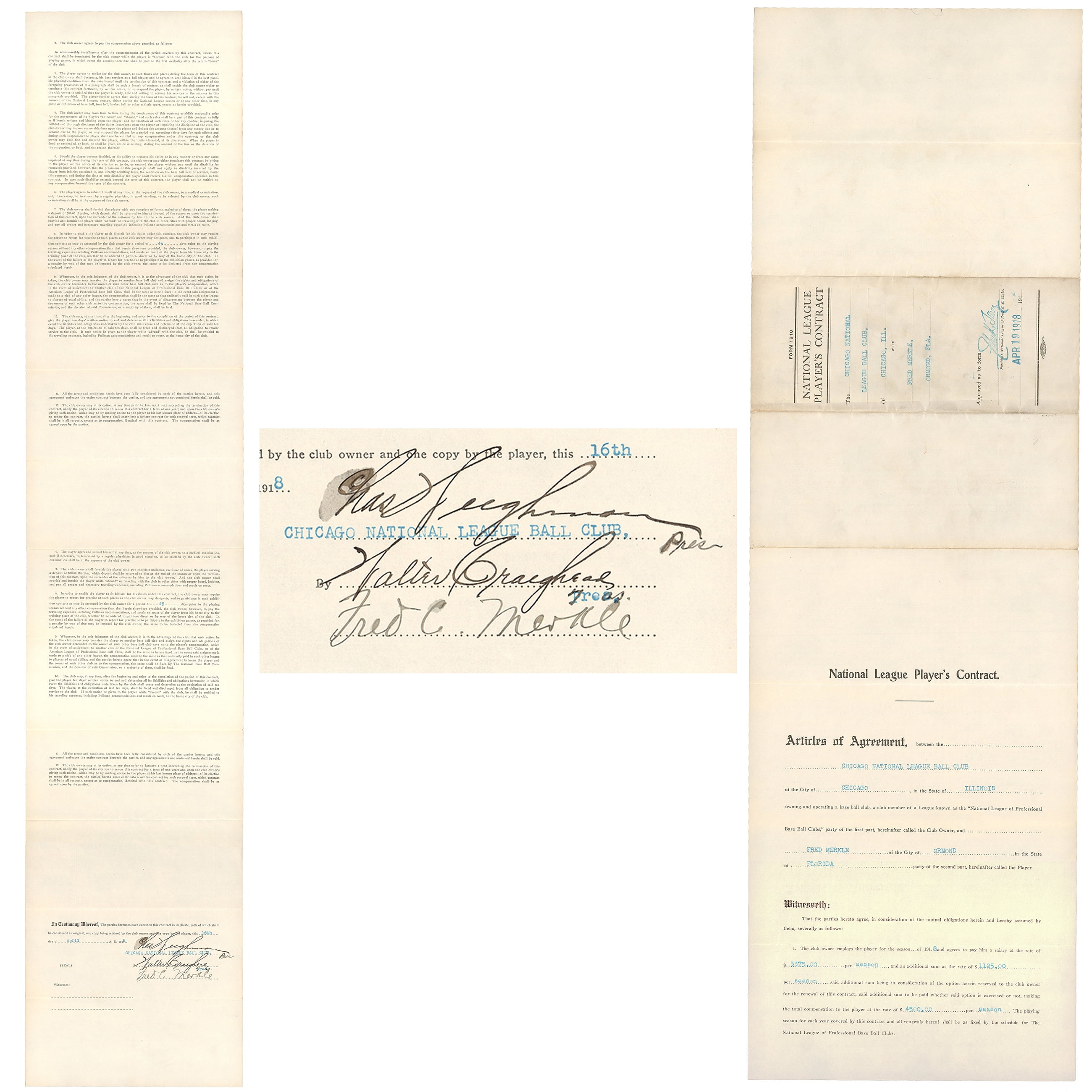 Fred Merkle Autographed Chicago Cubs 1918 Players Contract Beckett BAS ...