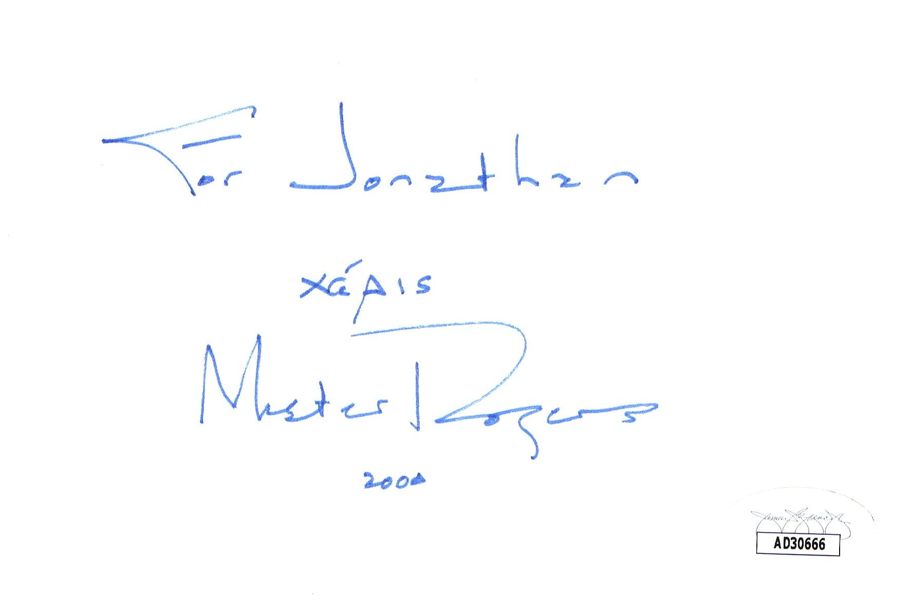 Fred Rogers Signed Autographed Index Card Mr. Rogers Neighborhood JSA ...