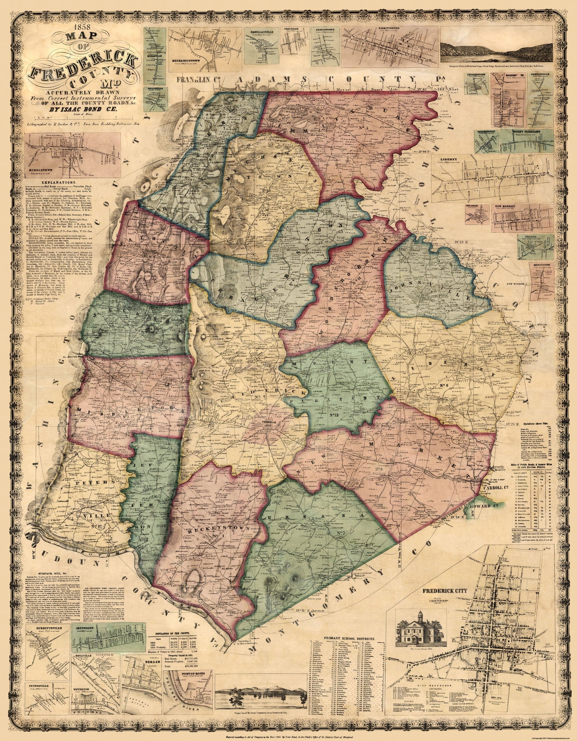 Historic County Map - Frederick County Maryland - Martenet 1858 - 23 x ...