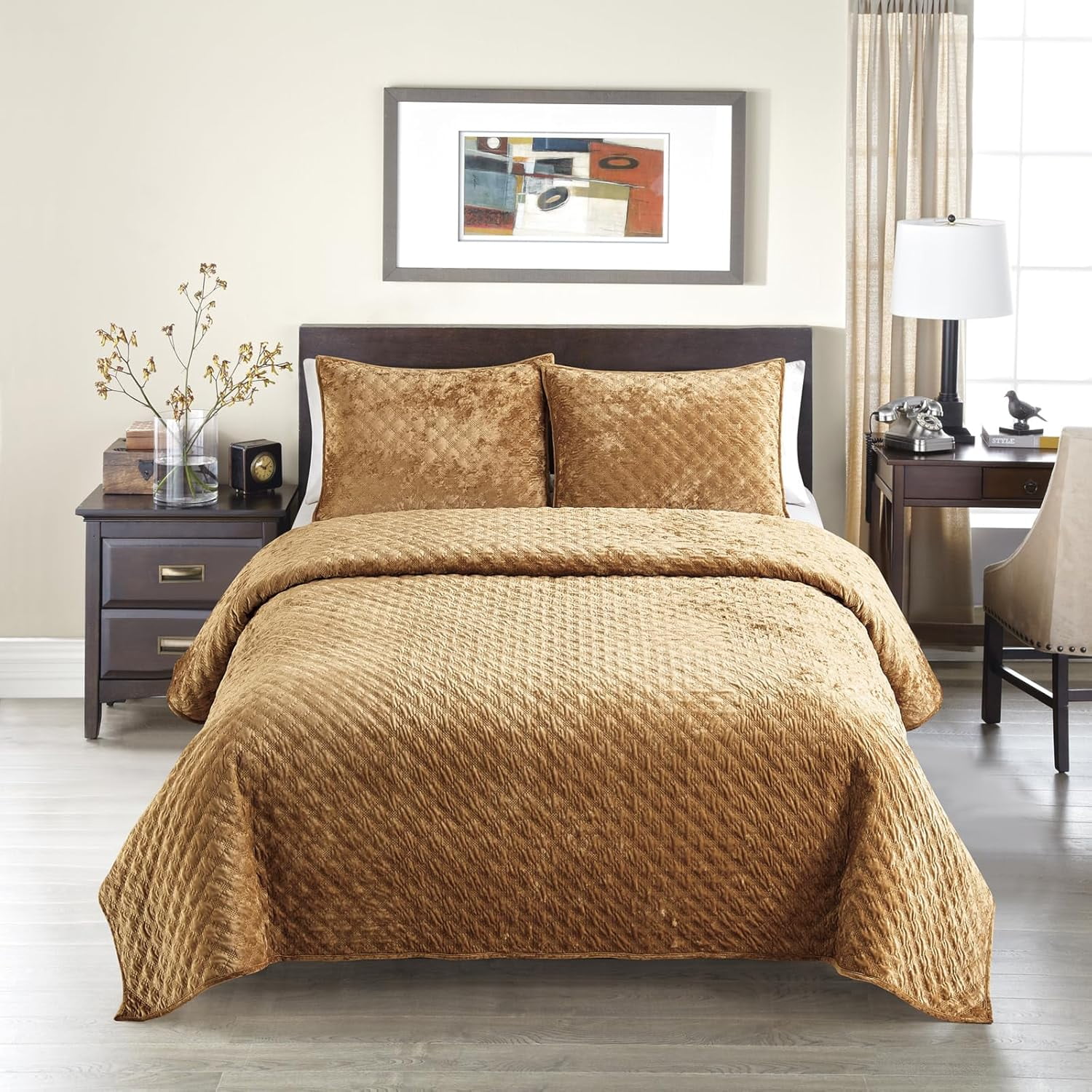 Fredsure Distressed Velvet Quilt Set, 3 Pieces Camamel Gold Queen ...