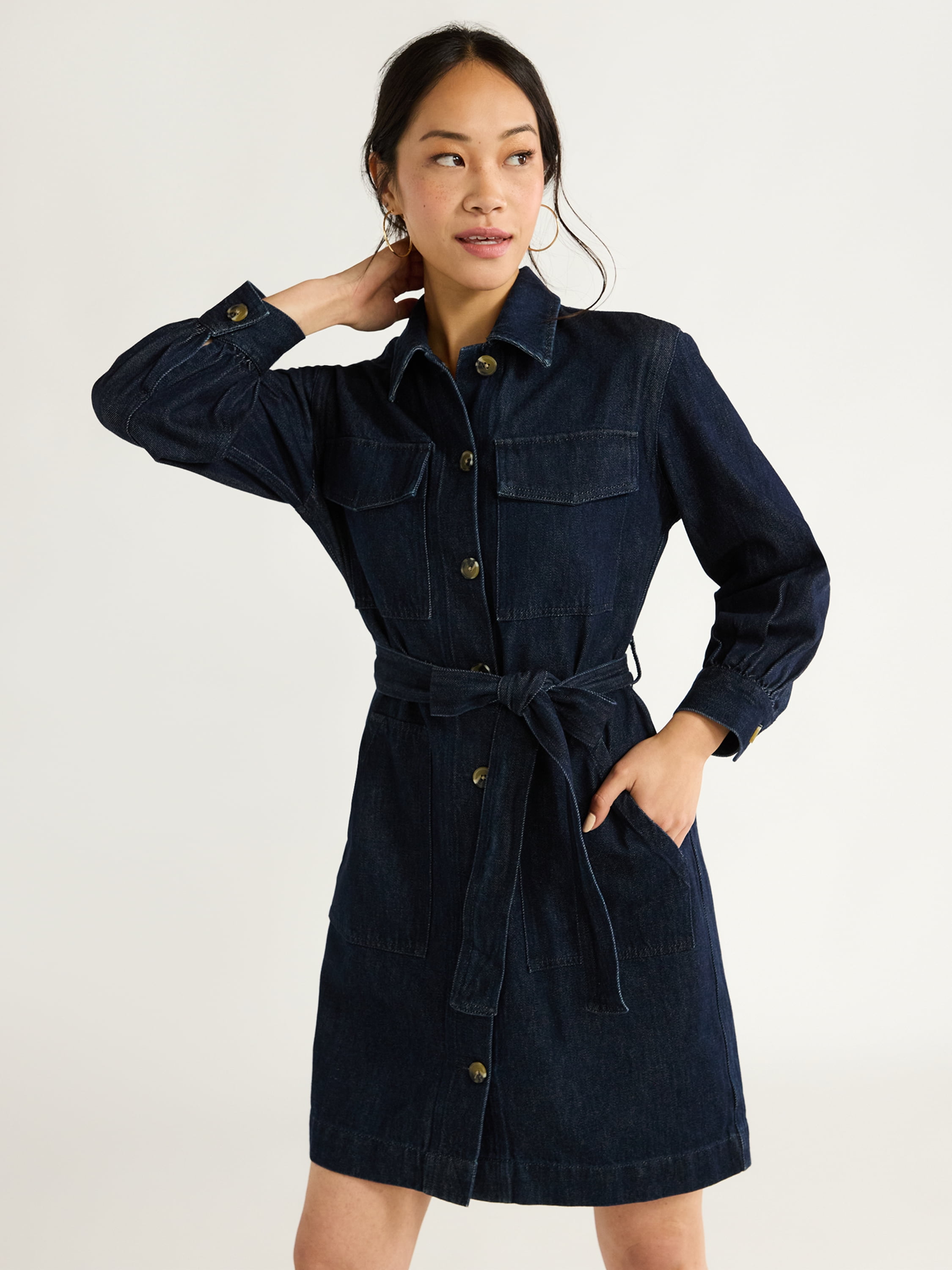 Free Assembly Women's Belted Denim Utility Mini Dress with Long Sleeves ...
