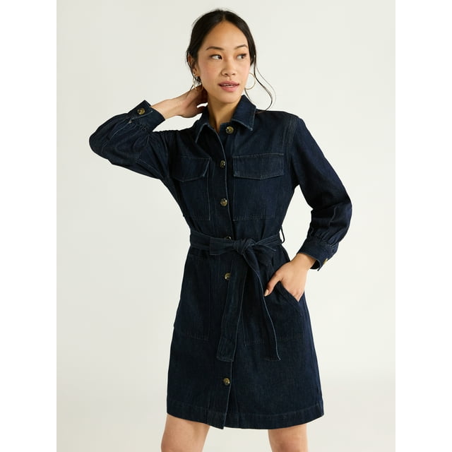 Free Assembly Women's Belted Denim Utility Mini Dress with Long Sleeves ...