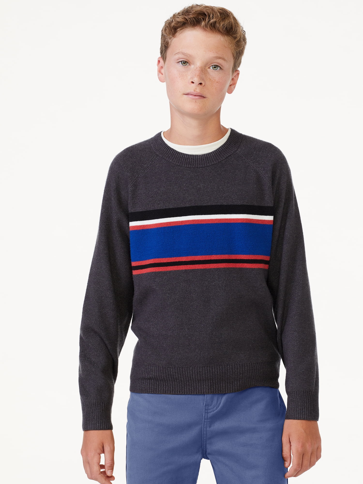 Free Assembly Boys Long Sleeve Striped Raglan Sweater, Sizes 4-18 ...