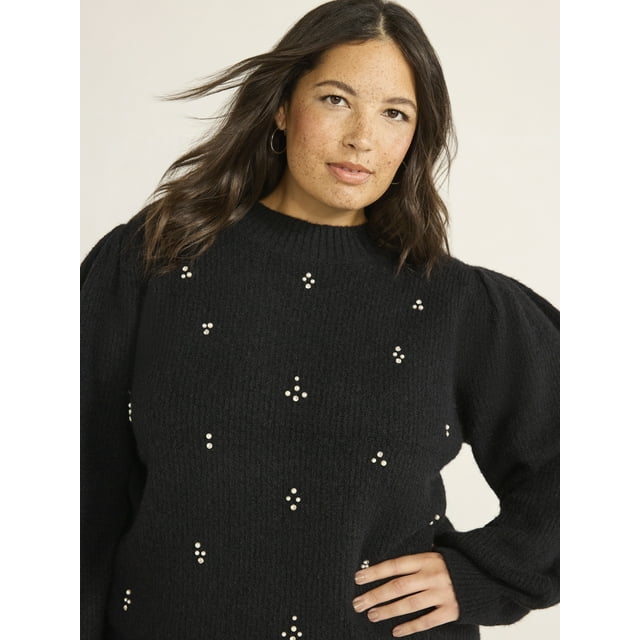 Free Assembly Beaded Sweater with Puff Sleeves - women's Plus - Walmart.com