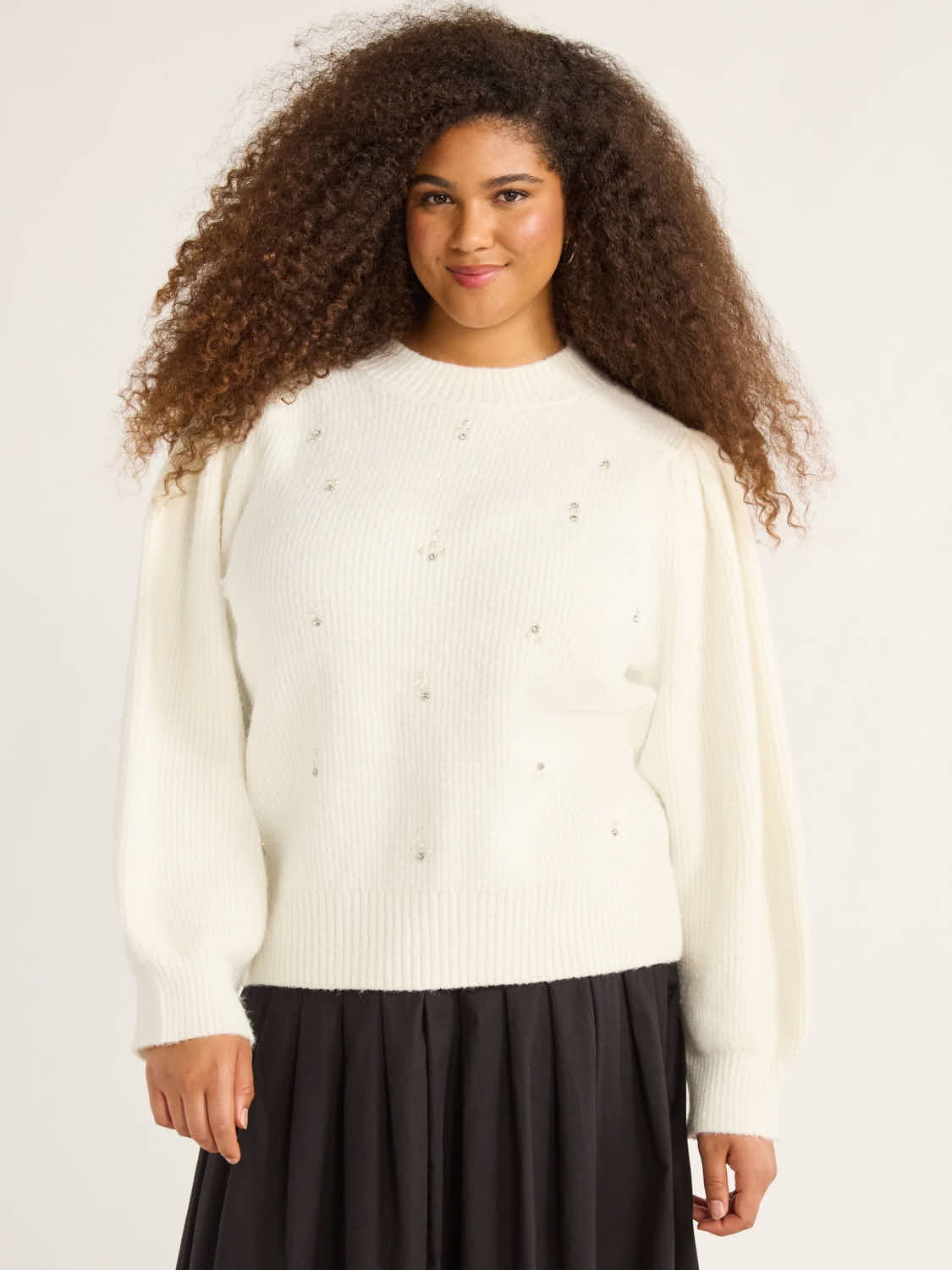 Free Assembly Women’s and Women's Plus Beaded Sweater with Puff Sleeves ...