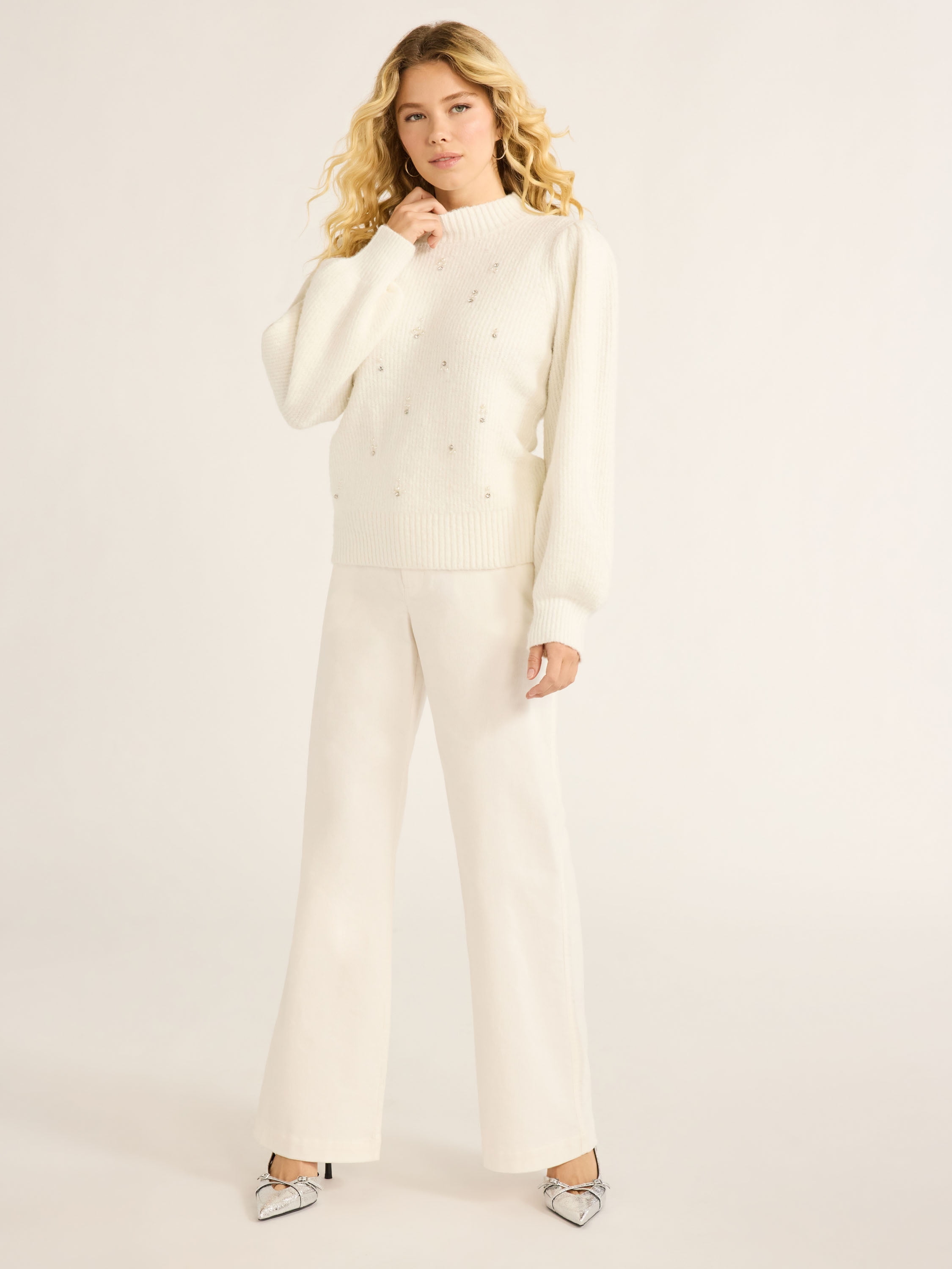 Free Assembly Women’s and Women's Plus Beaded Sweater with Puff Sleeves ...