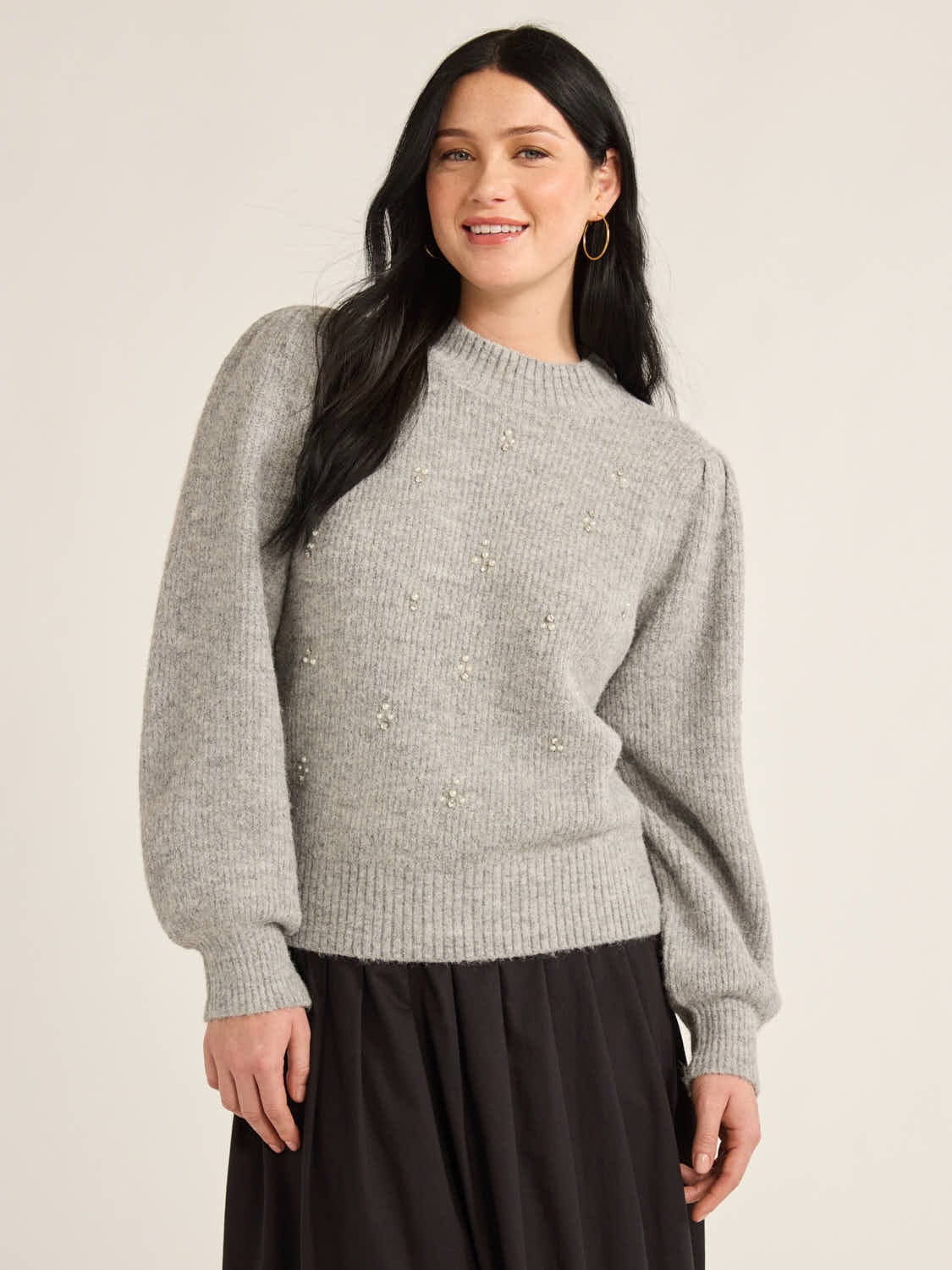 Free Assembly Women’s and Women's Plus Beaded Sweater with Puff Sleeves ...