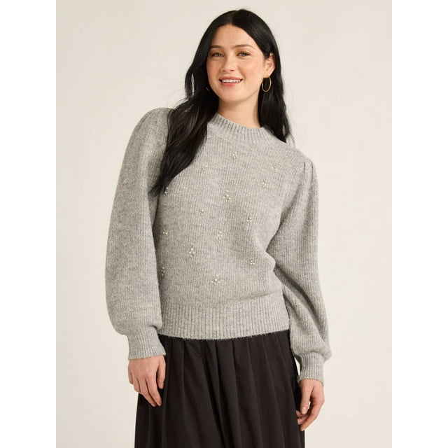 Free Assembly Women’s and Women's Plus Beaded Sweater with Puff Sleeves ...
