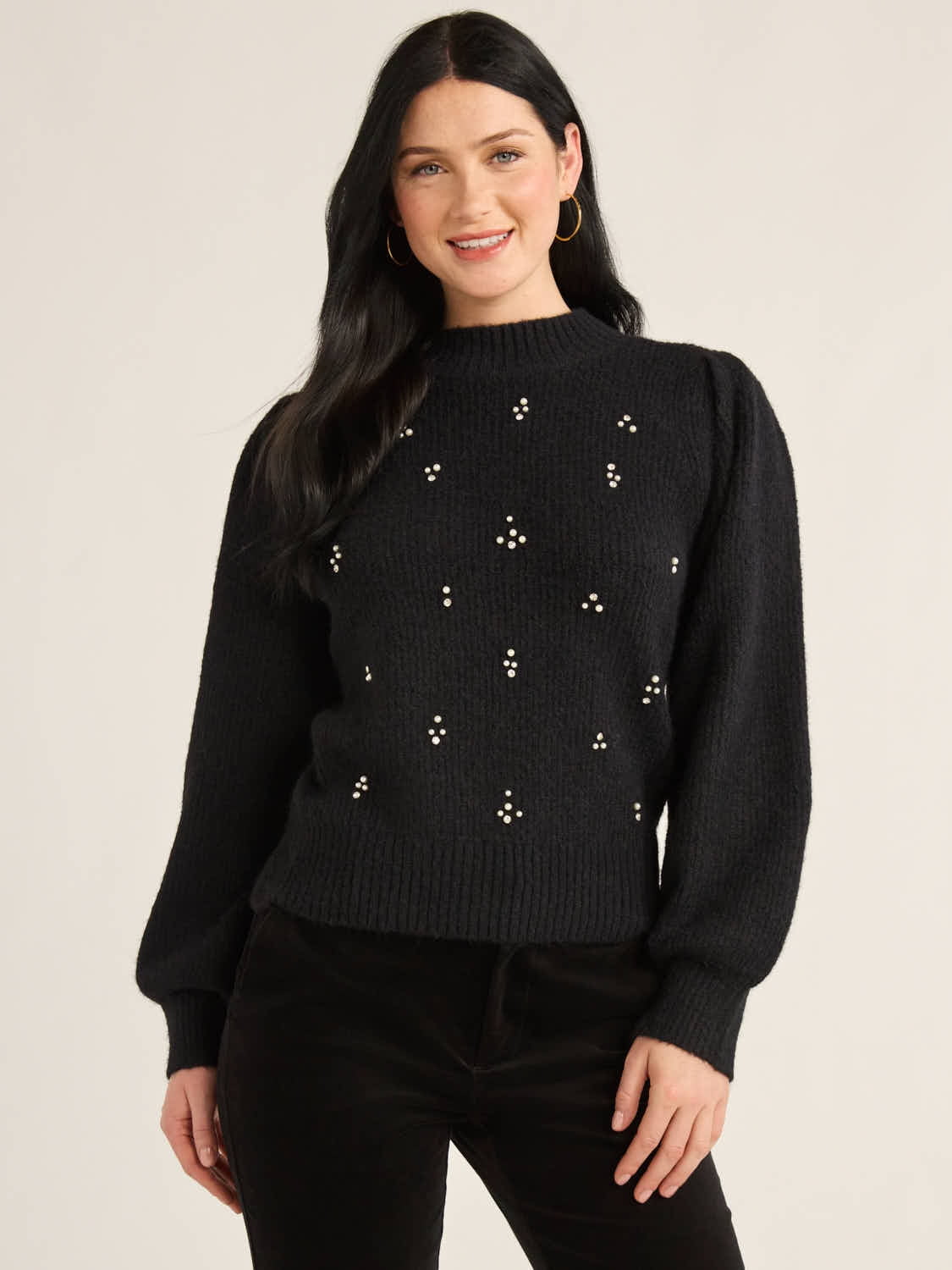 Free Assembly Women’s and Women's Plus Beaded Sweater with Puff Sleeves ...