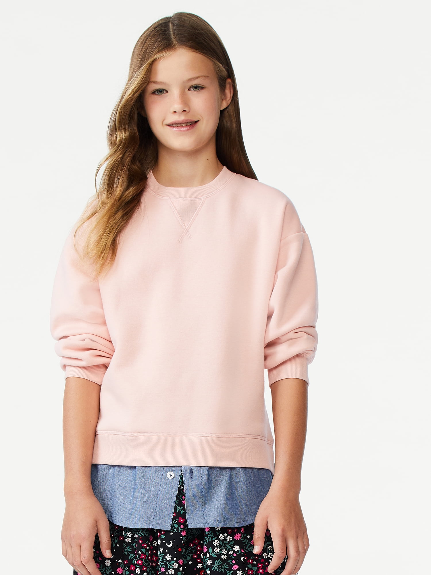 Free Assembly Girls Crewneck Sweatshirt with Woven Shirt Hem, Sizes 4 ...