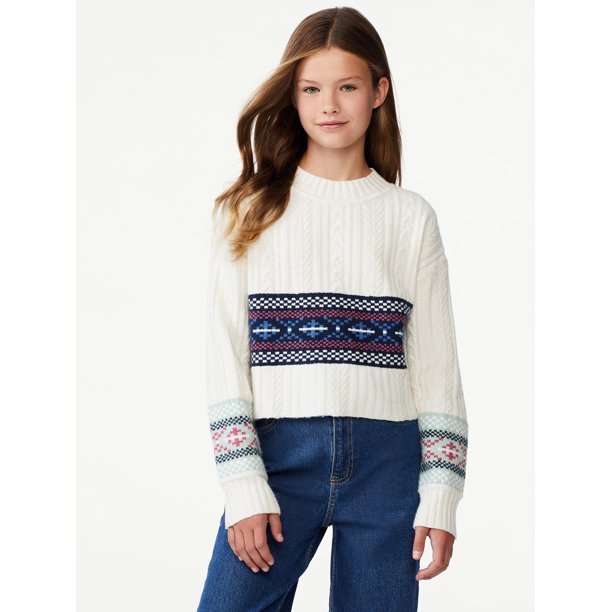 Free Assembly Girls Cropped Mixed Cable Knit Fair Isle Sweater, Sizes 4 ...