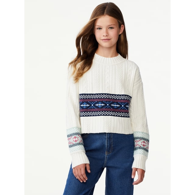 Free Assembly Girls Cropped Mixed Cable Knit Fair Isle Sweater, Sizes 4 ...