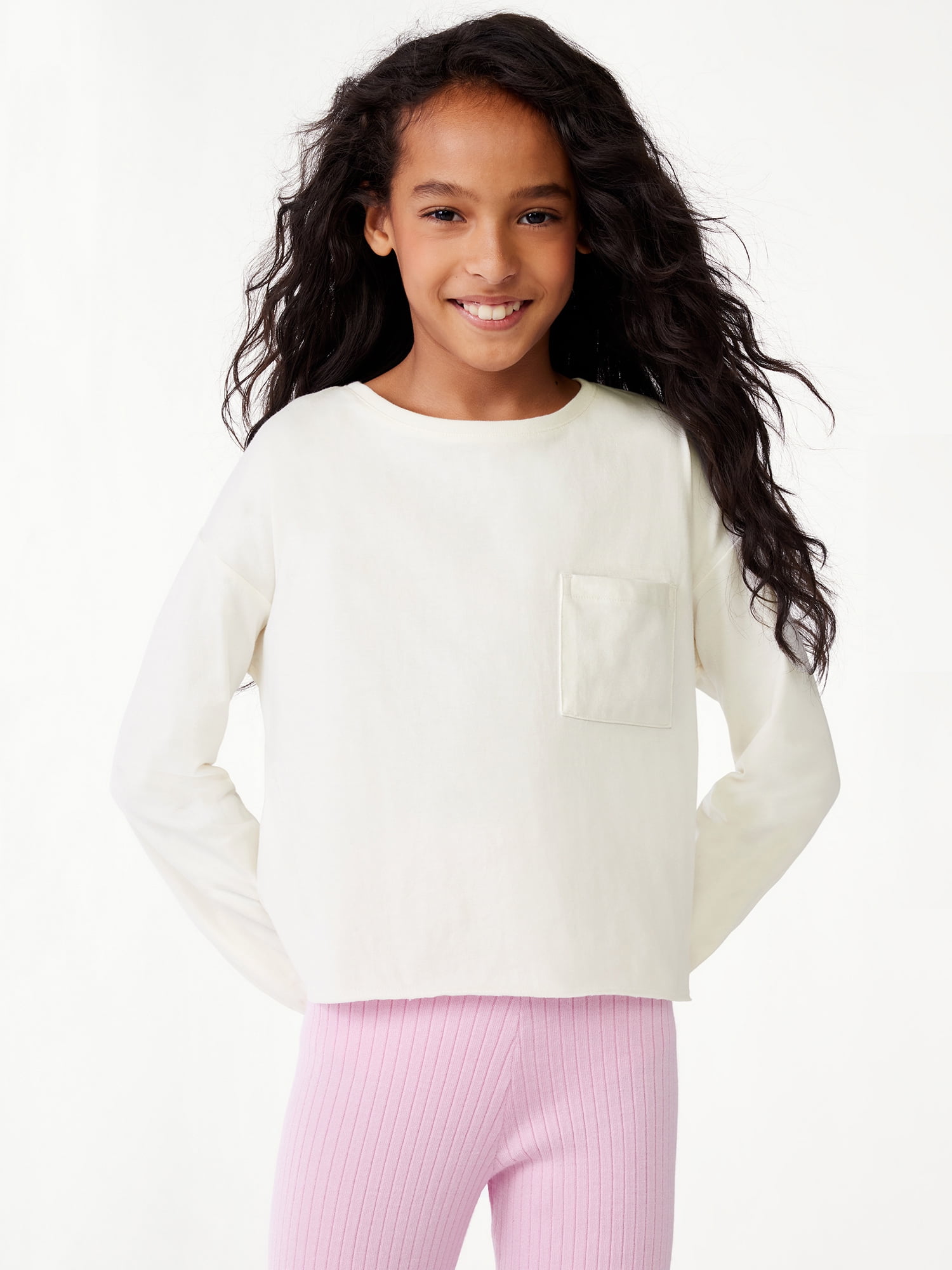 Free Assembly Girls Cropped Pocket Tee with Long Sleeves, Sizes 4-18 ...