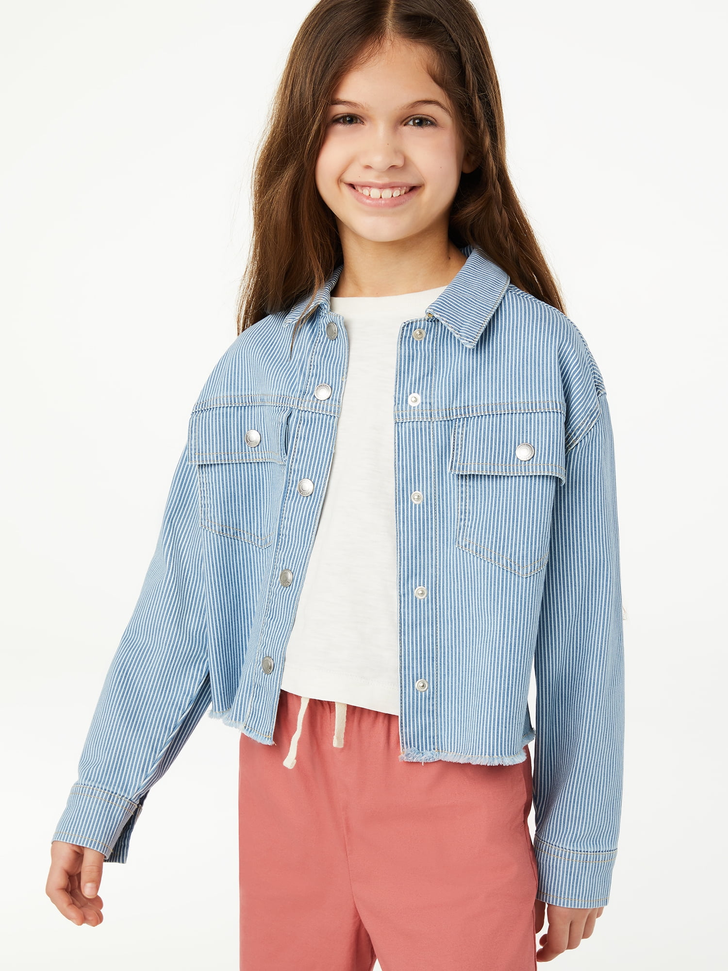 Free Assembly Girls Cut-Off Striped Denim Jacket, Sizes 4-18 - Walmart.com