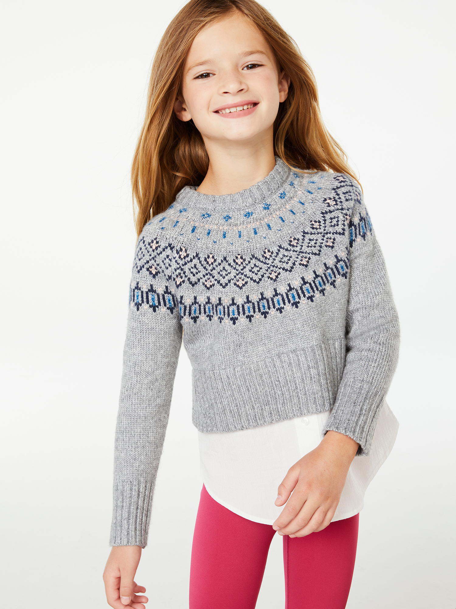 Free Assembly Girls’ Fair Isle Sweater with Attached Shirt at Hem ...