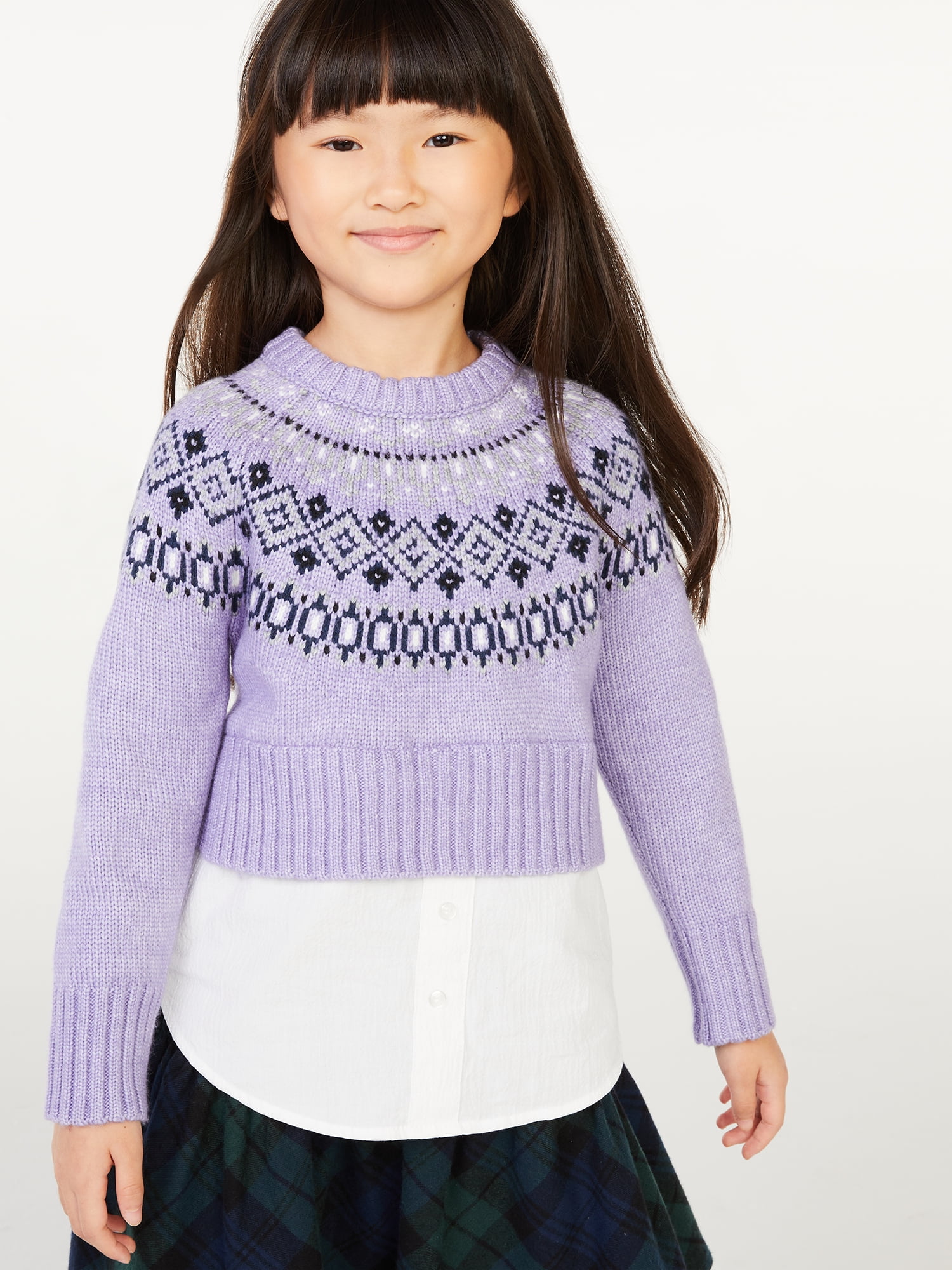 Free Assembly Girls’ Fair Isle Sweater with Attached Shirt at Hem ...