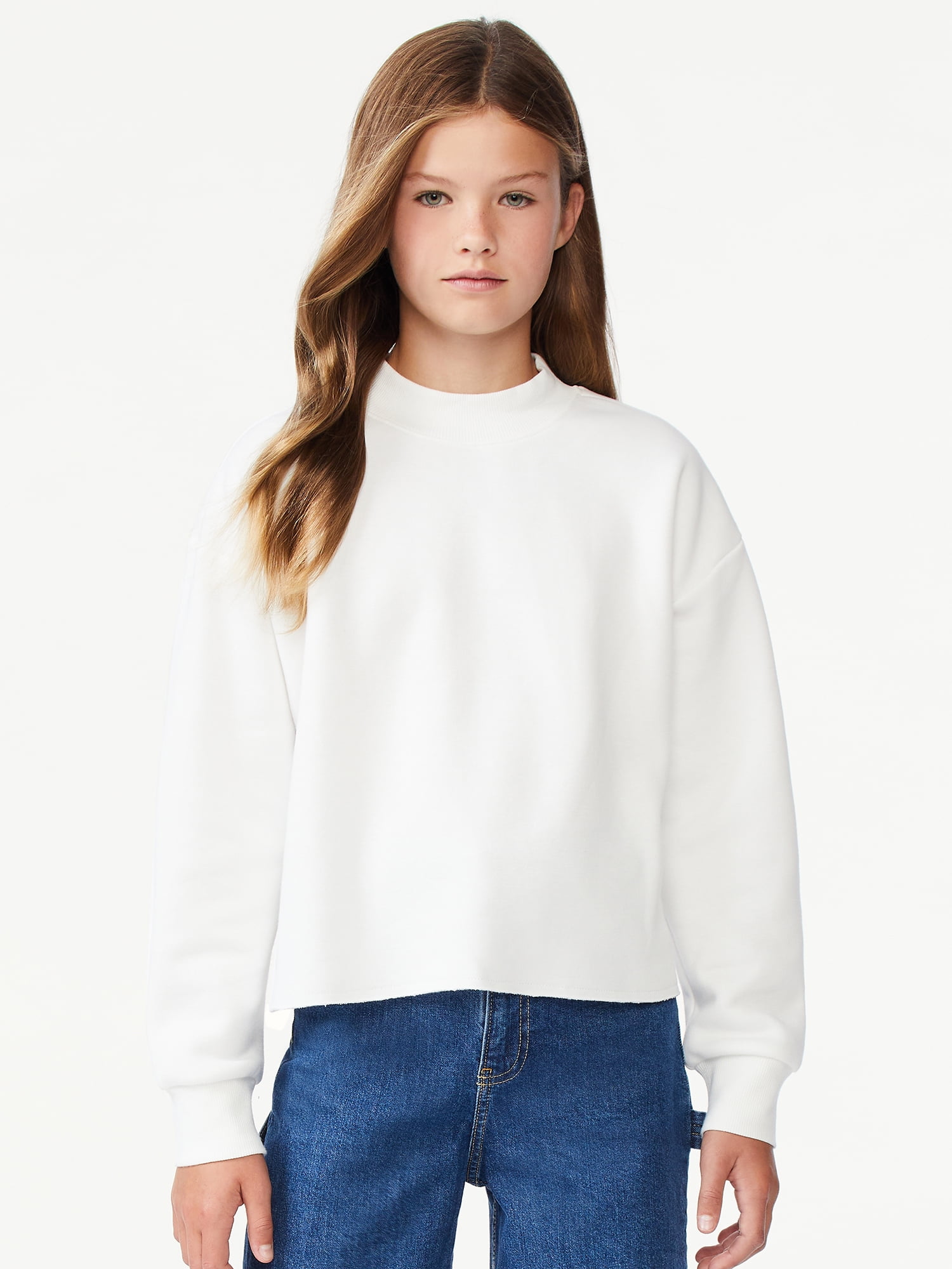 Free Assembly Girls Long Sleeve Cropped Mock Neck Sweatshirt, Sizes 4 ...