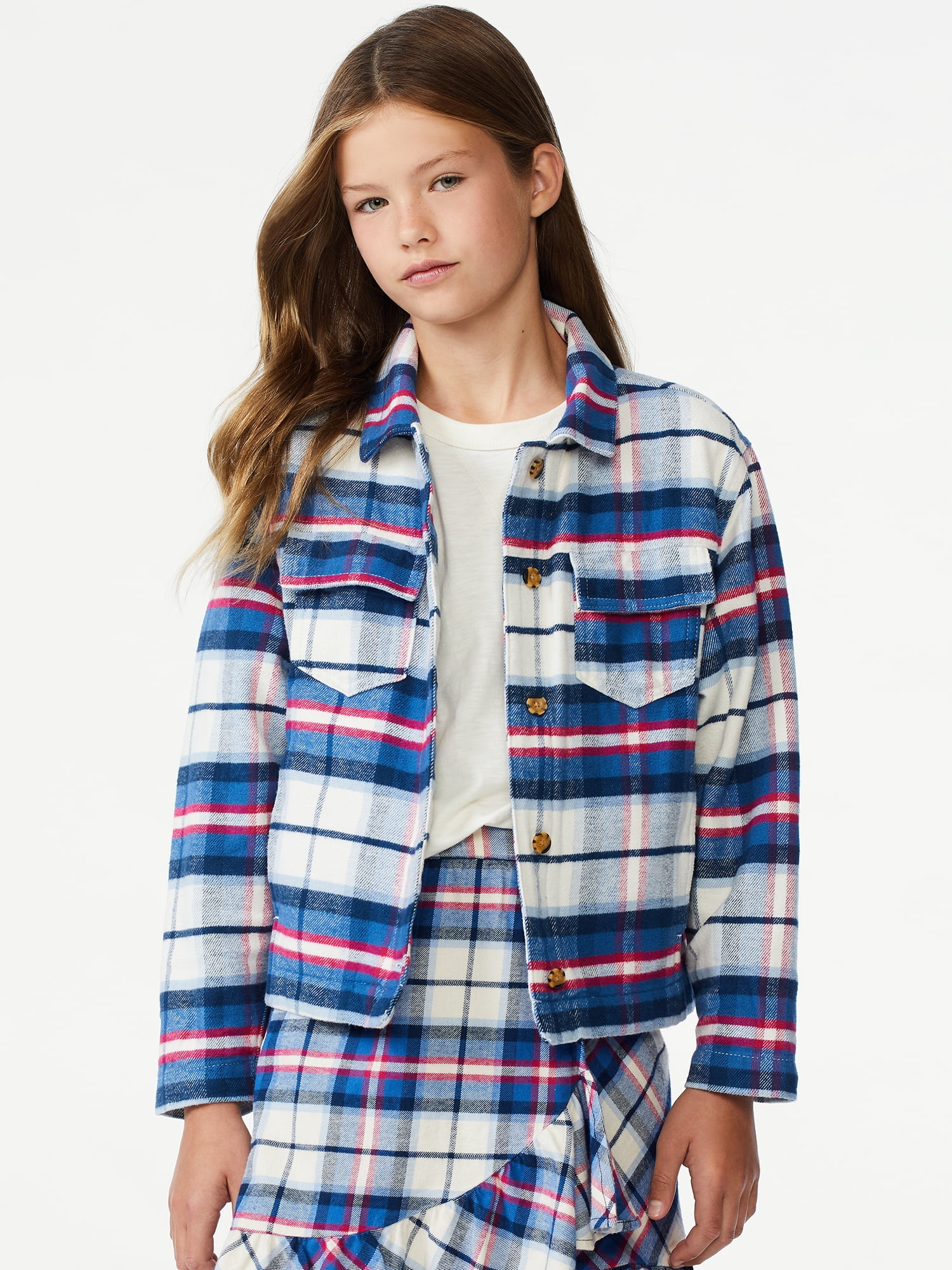 Free Assembly Girls Plaid Flannel Shacket, Long Sleeve, Cotton, Sizes 4 ...