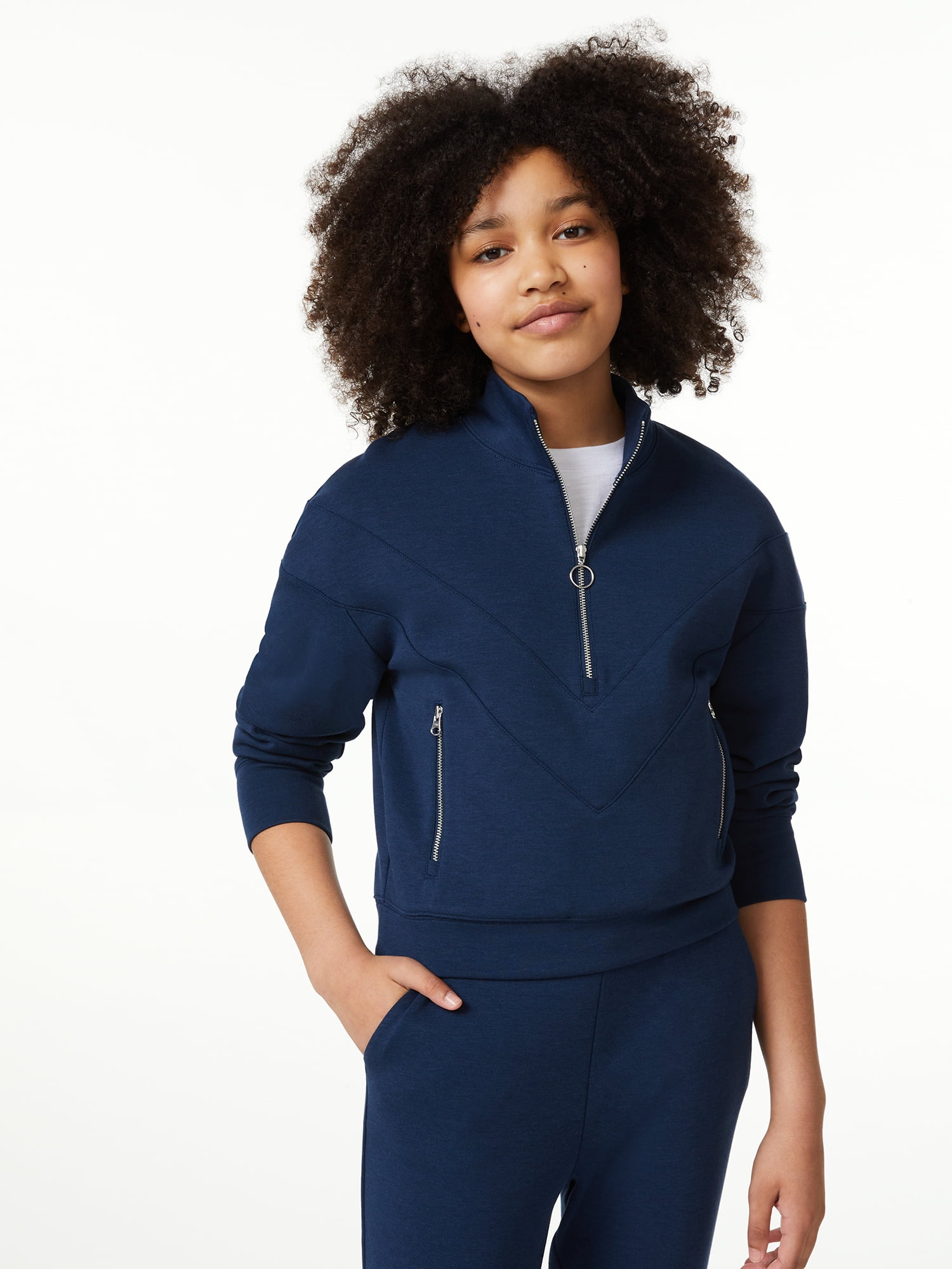 Free Assembly Girls Sporty Quarter-Zip Track Jacket with Pockets, Sizes ...
