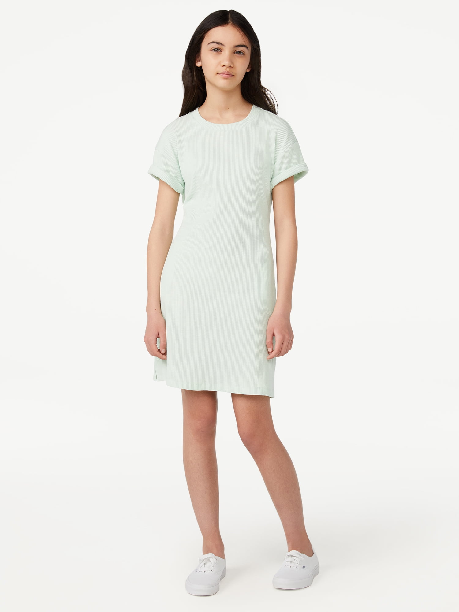 Free Assembly Girls Rib Knit T-Shirt Dress with Open Back Detail, Sizes ...