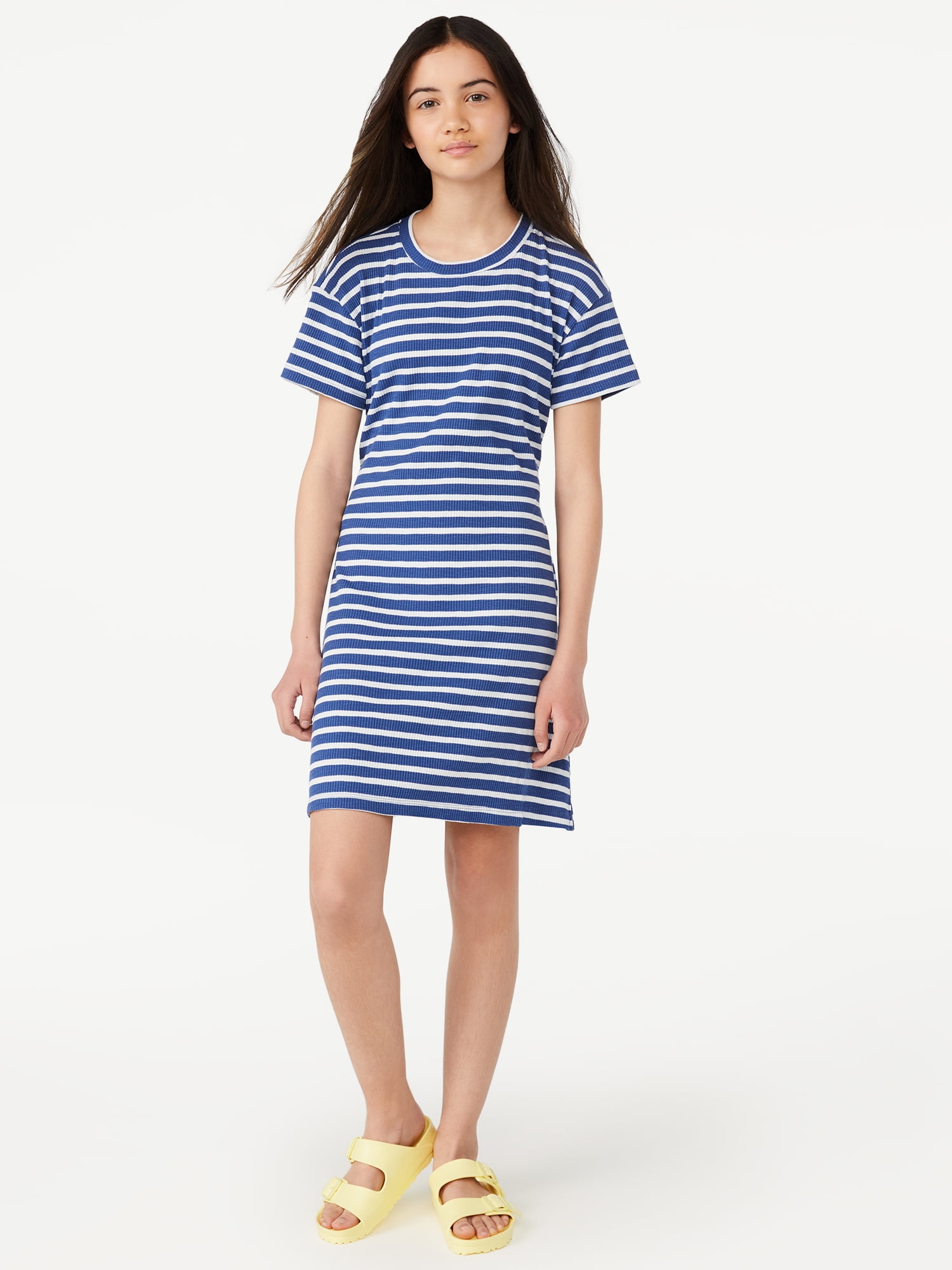 Free Assembly Girls Rib Knit T-Shirt Dress with Open Back Detail, Sizes ...