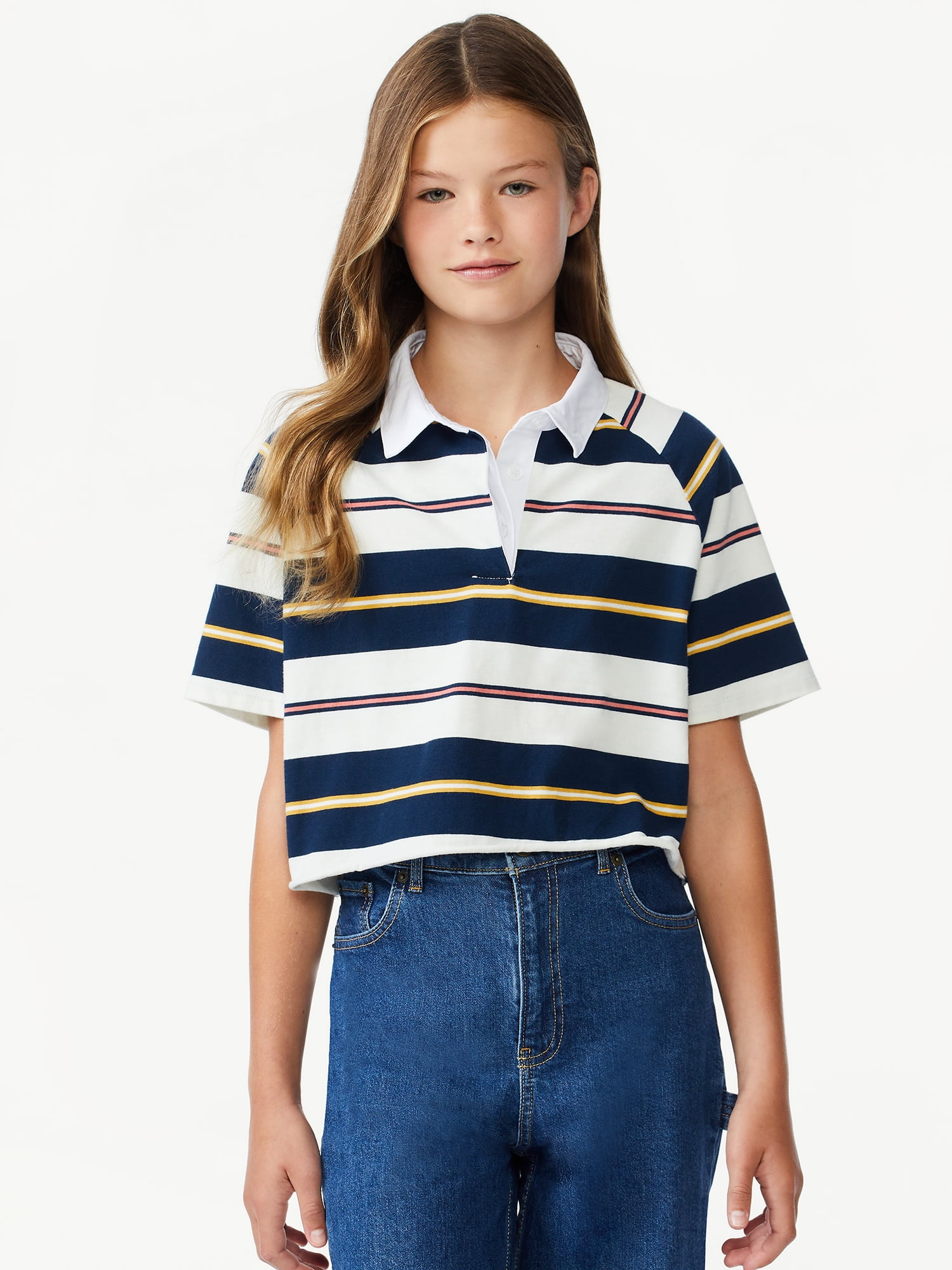 Girls Rugby Stripe Polo Shirt - Cropped Boxy Fit - Walmart.com