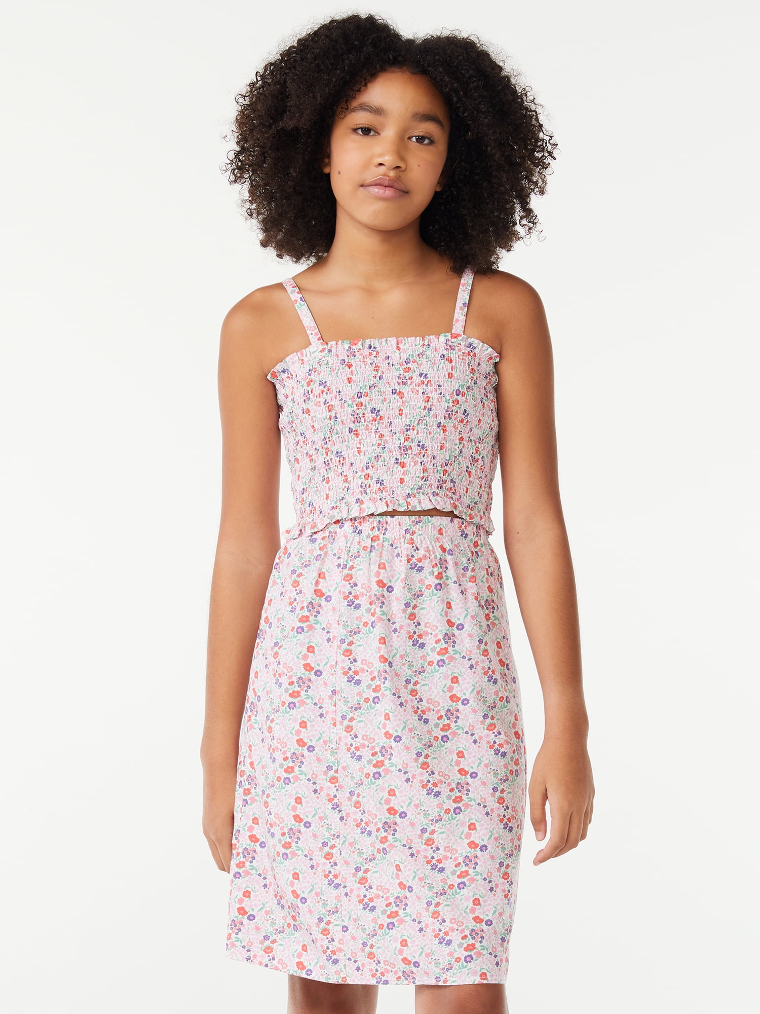 Free Assembly Girls Smocked Top and Midi Skirt, 2-Piece Set, Sizes 4-18 ...