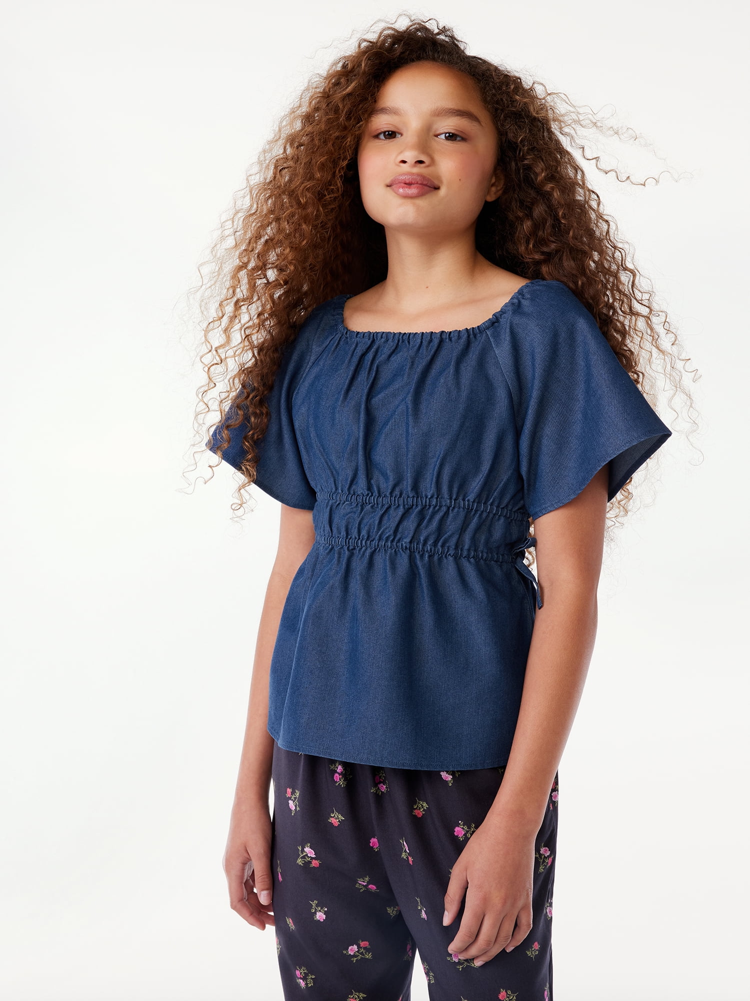 Free Assembly Girls Square Neck Top with Short Sleeves, Sizes 4-18 ...