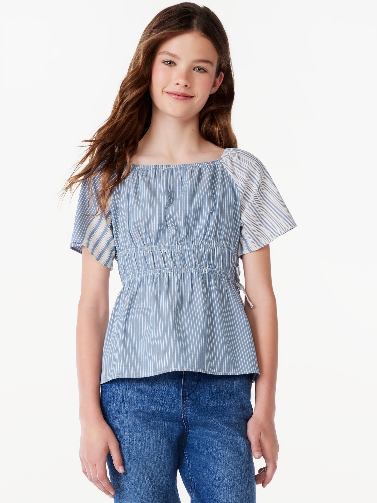 Free Assembly Girls Square Neck Top with Short Sleeves, Sizes 4-18 ...