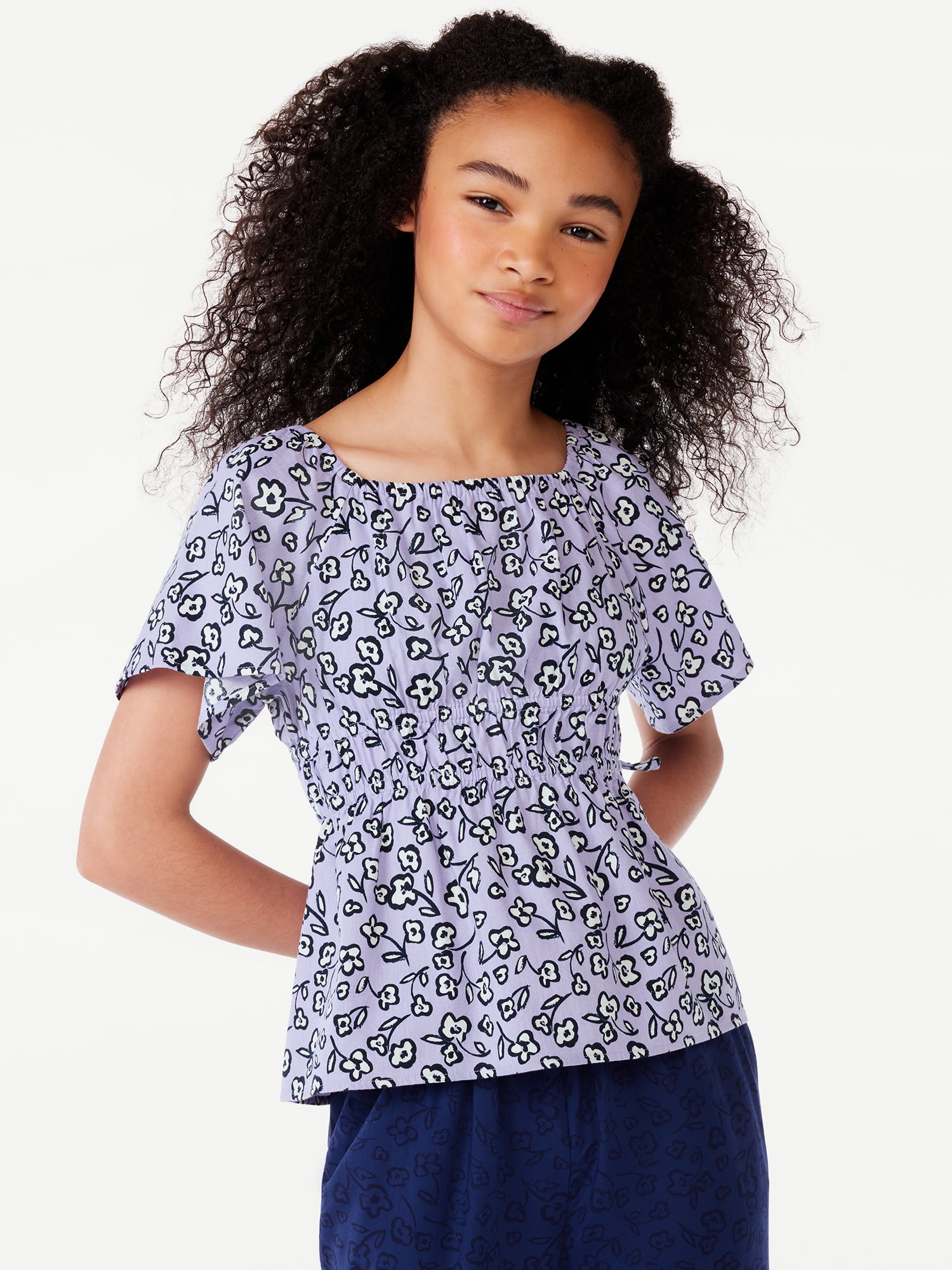 Free Assembly Girls Square Neck Top with Short Sleeves, Sizes 4-18 ...