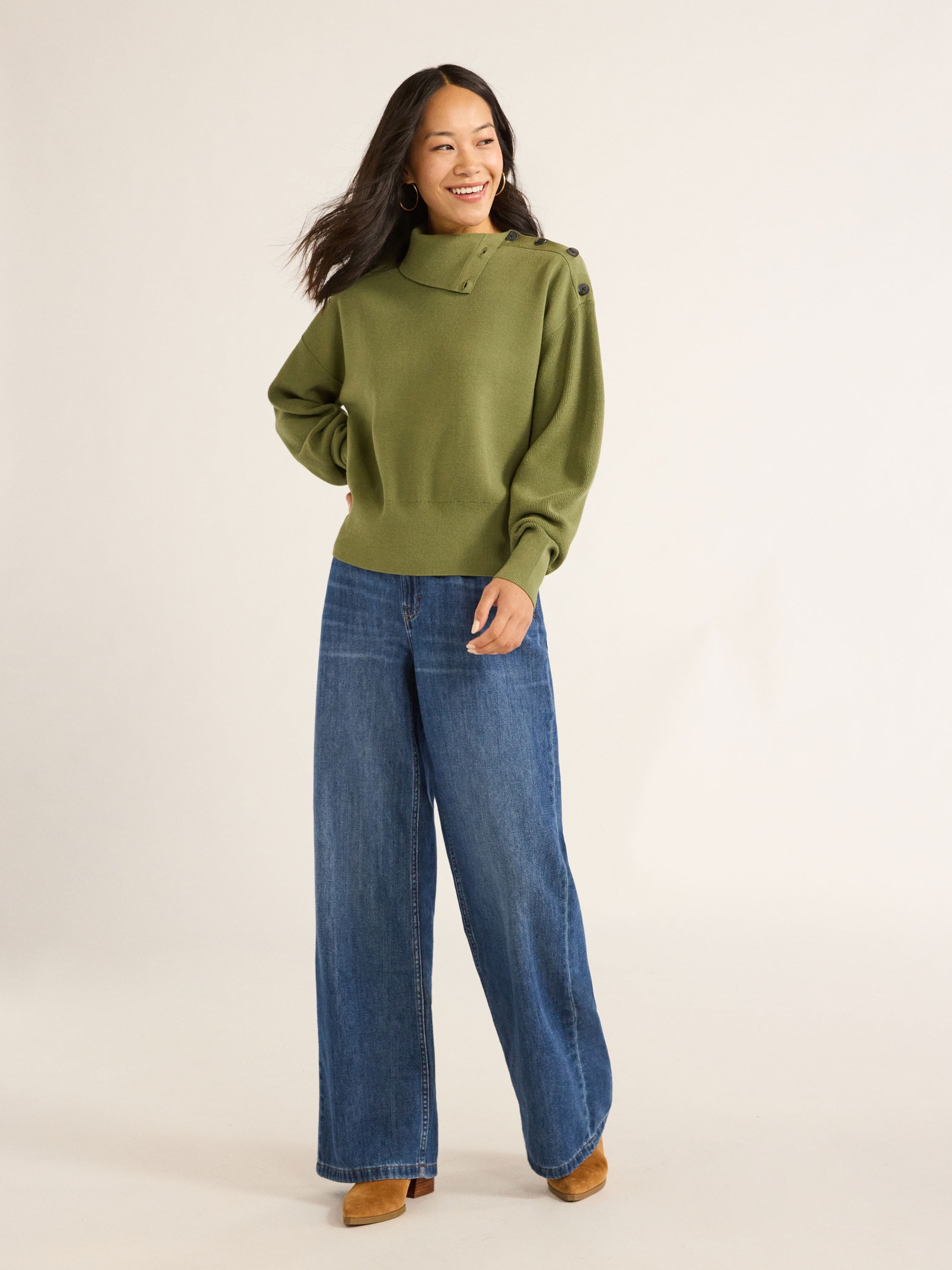 Free Assembly Women's Button Split Neck Sweater with Long-Sleeves ...