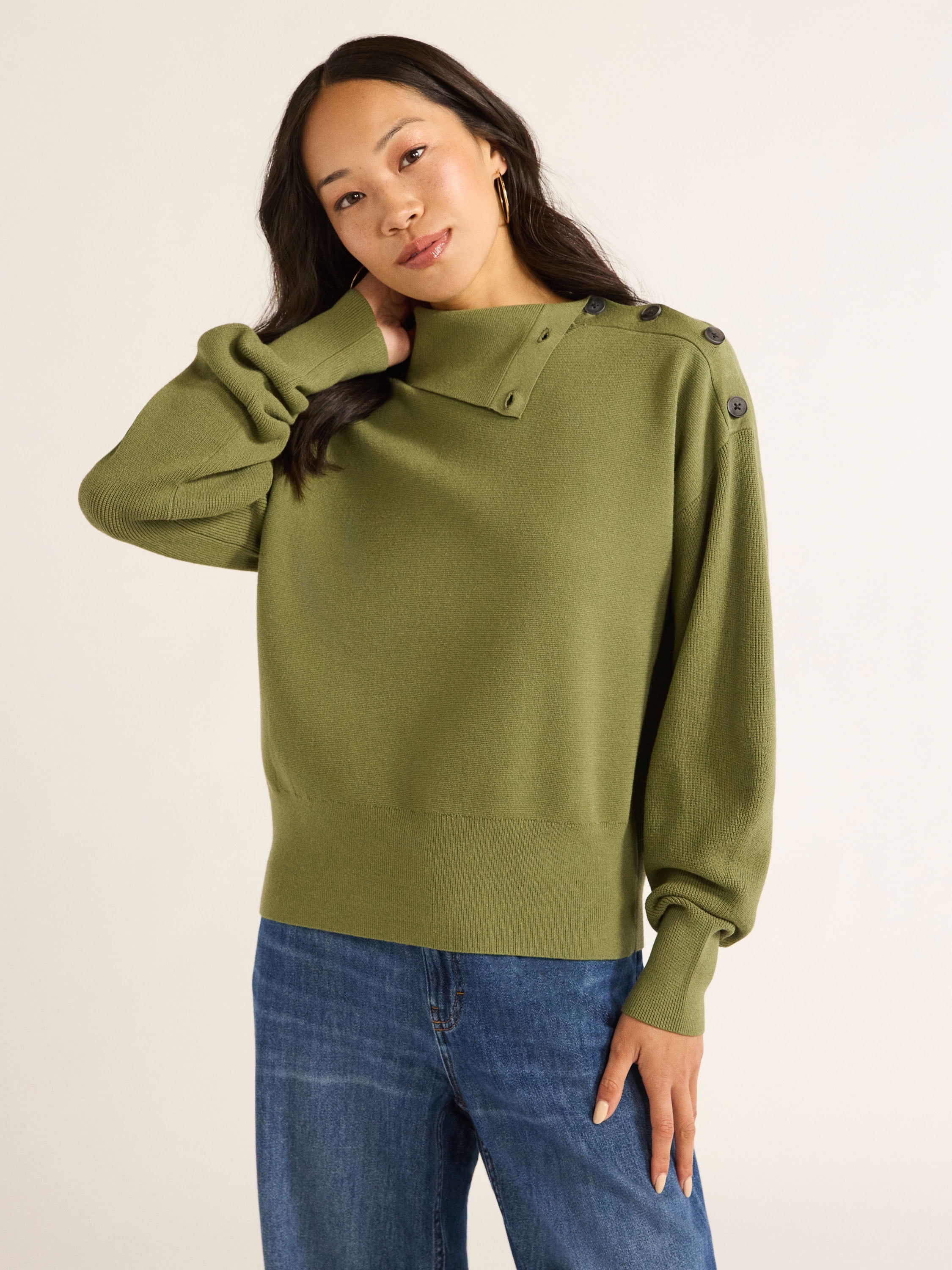 Free Assembly Women's Button Split Neck Sweater with Long-Sleeves ...