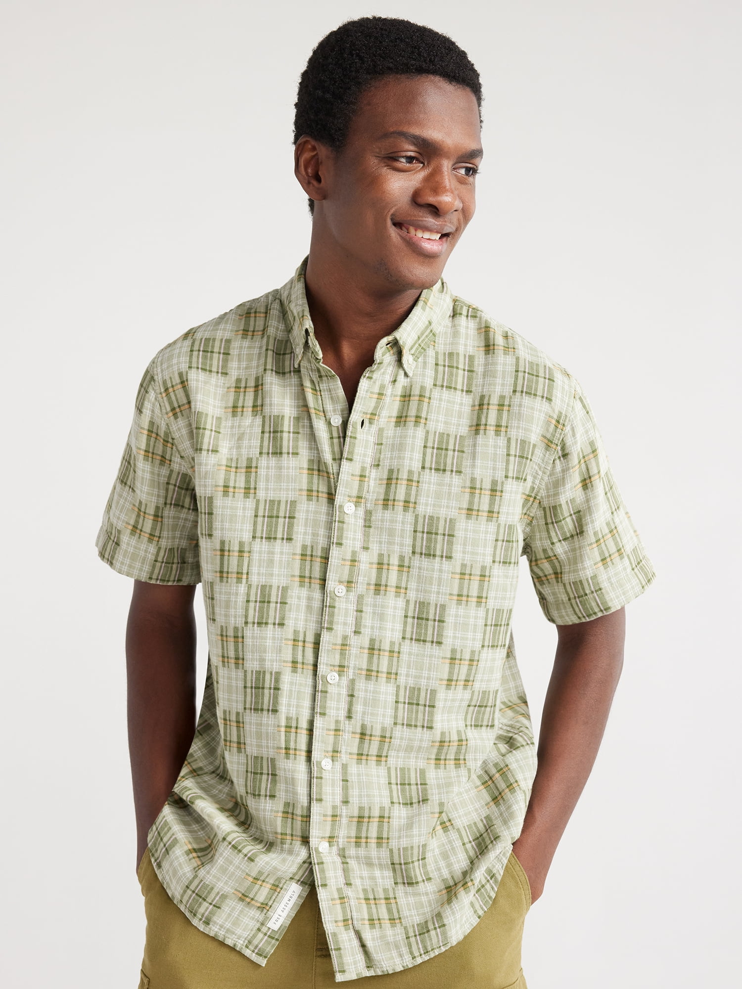 Free Assembly Men's Cotton Patchwork Short Sleeve Shirt, Sizes S-XXXL, Casual Plaid - Walmart.com