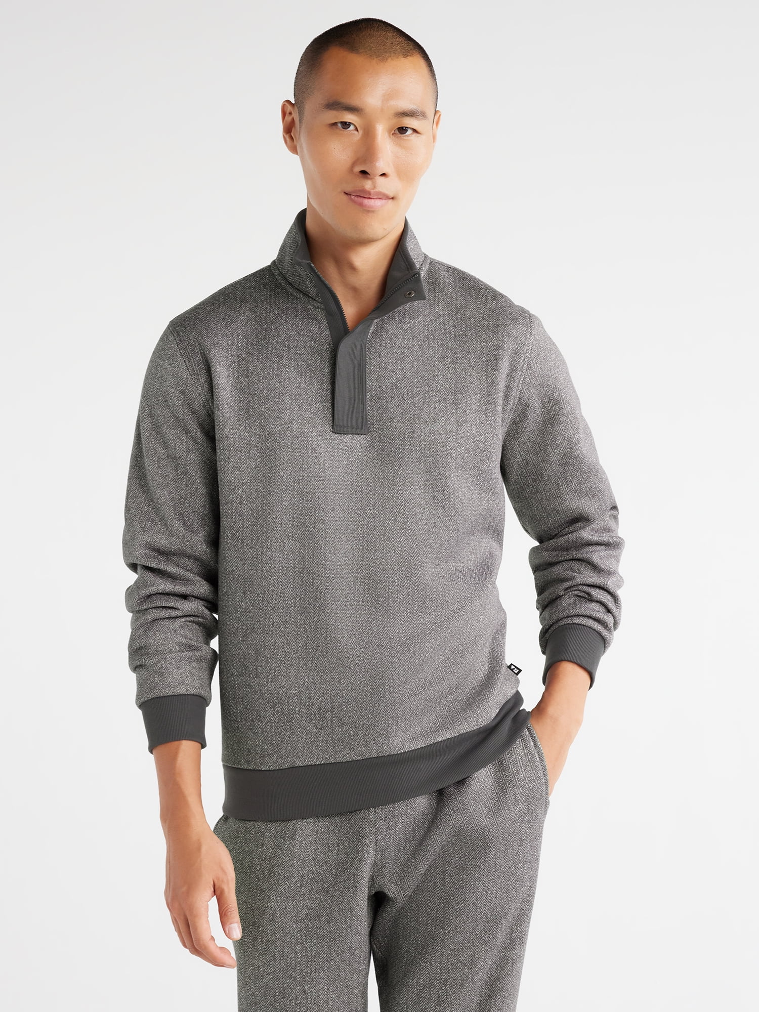Free Assembly Men's Fleece Herringbone Mock Neck Pullover with Long ...