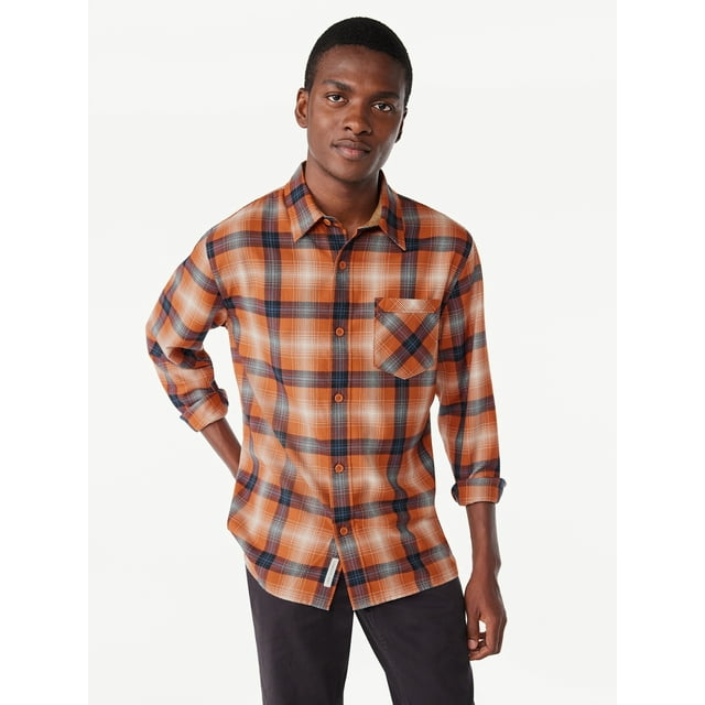 Free Assembly Men's Lightweight Plaid Flannel Shirt with Long Sleeves ...