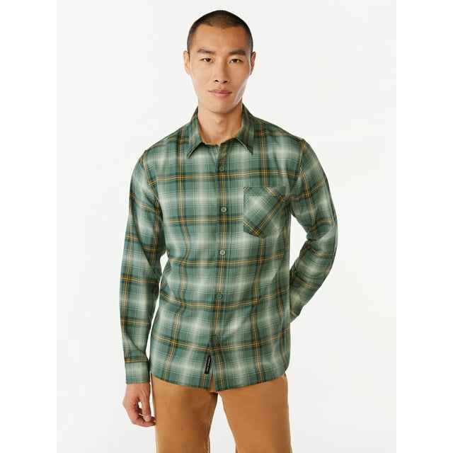 Free Assembly Men's Lightweight Plaid Flannel Shirt with Long Sleeves ...