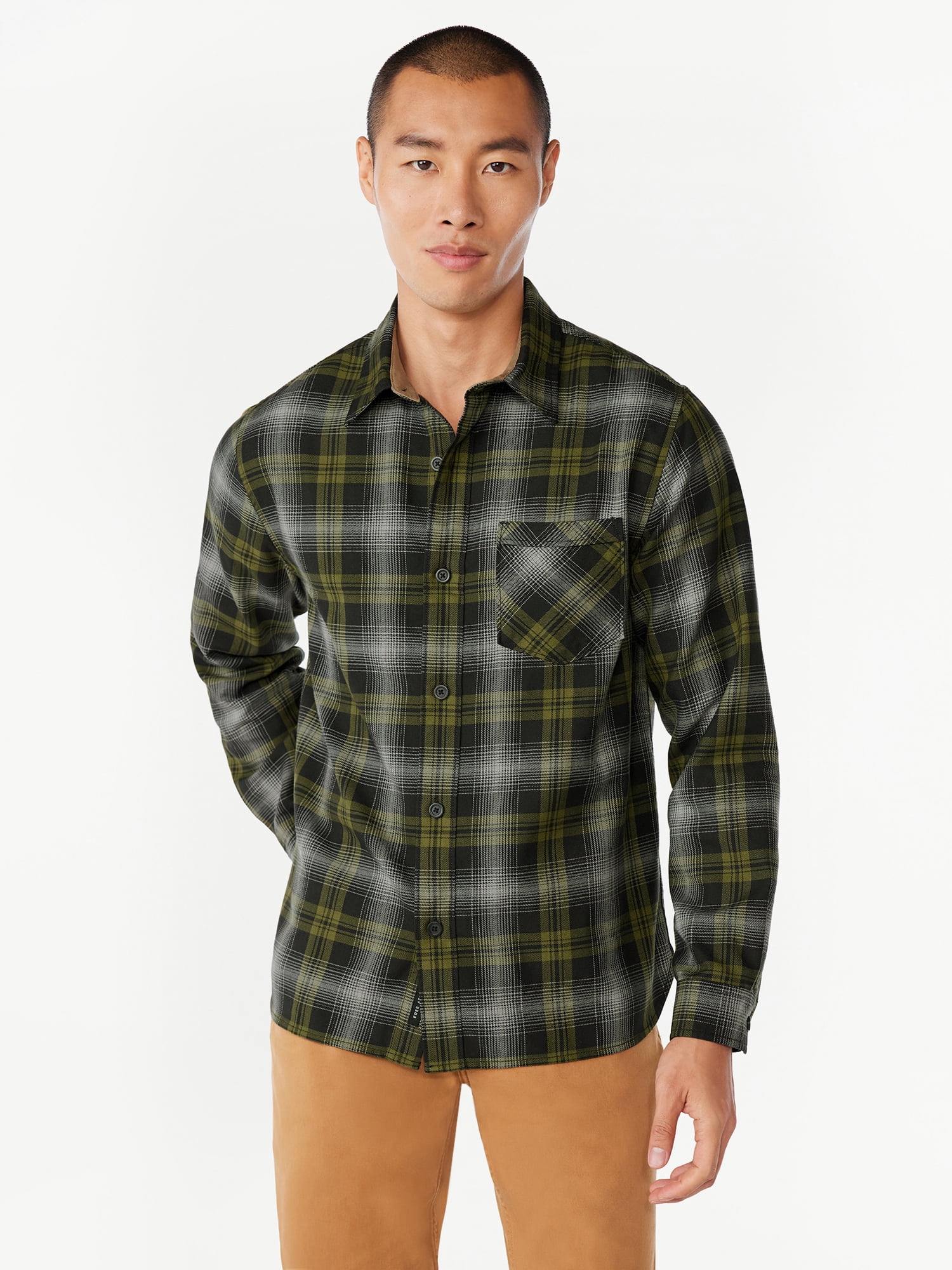 Free Assembly Men's Lightweight Plaid Flannel Shirt with Long Sleeves ...