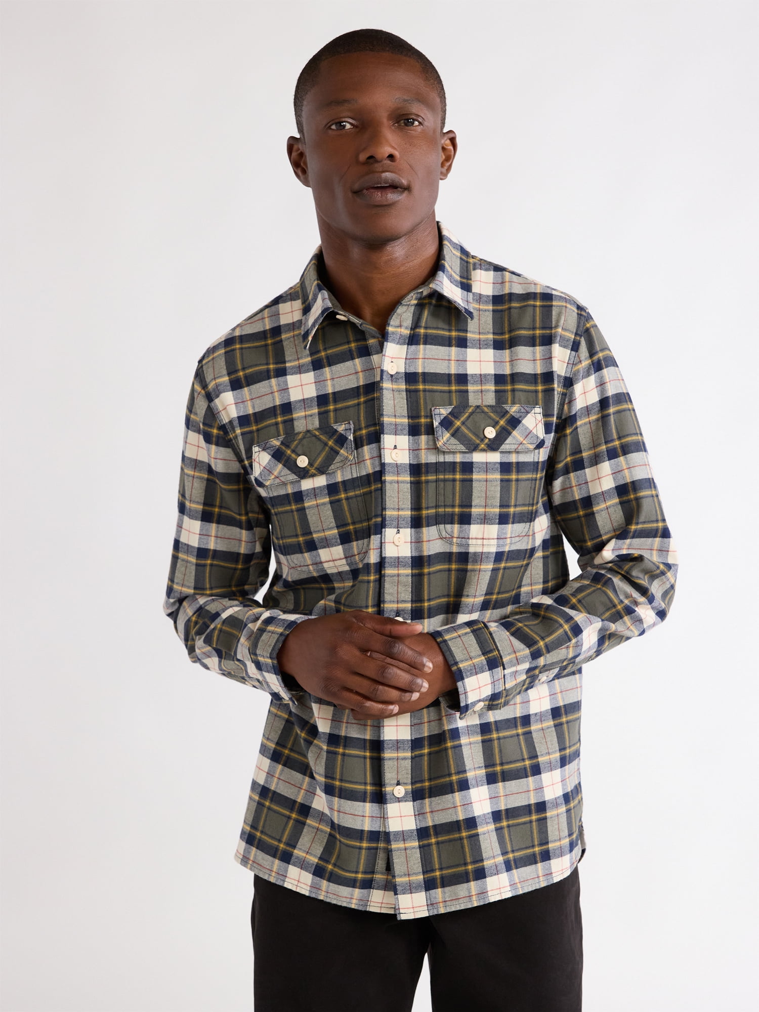 Free Assembly Men's Soft Twill Double Pocket Flannel Shirt, S-3XL, 100% ...