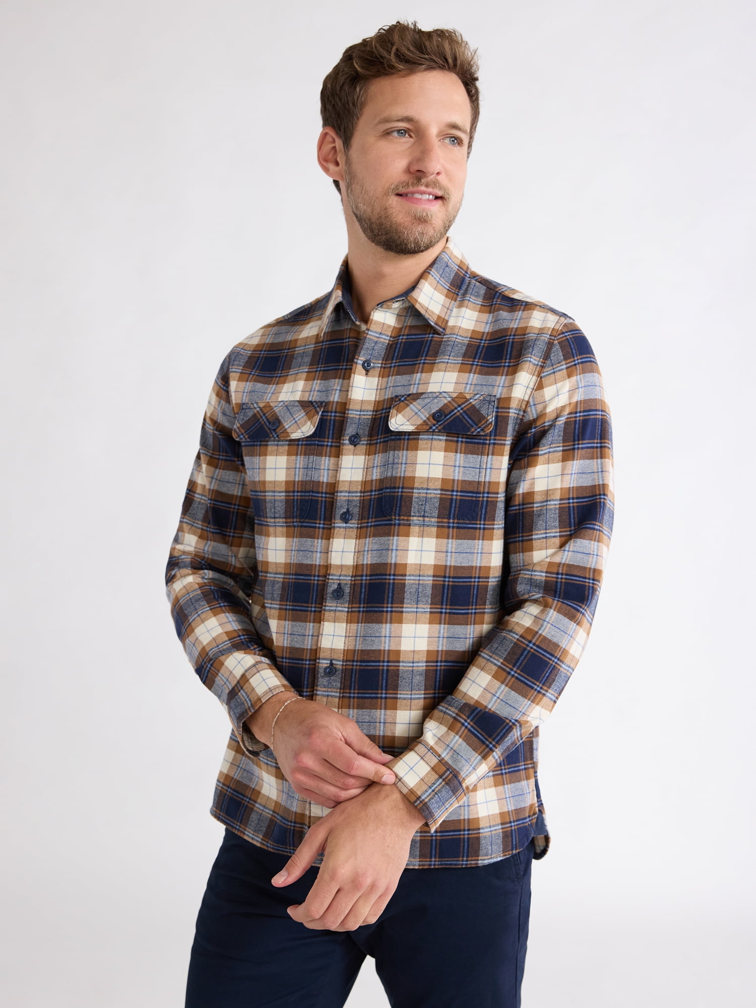 Free Assembly Men’s Double Pocket Cotton Flannel Shirt, Sizes S-3XL ...