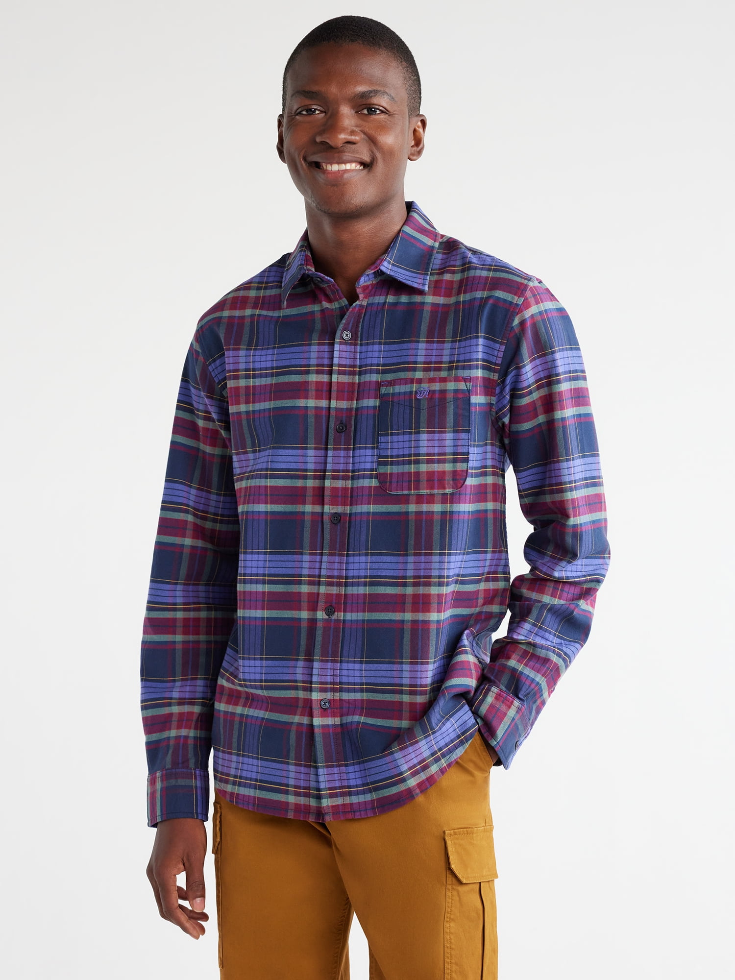 Free Assembly Men's Stretch Oxford Tartan Plaid Shirt Long Sleeves ...